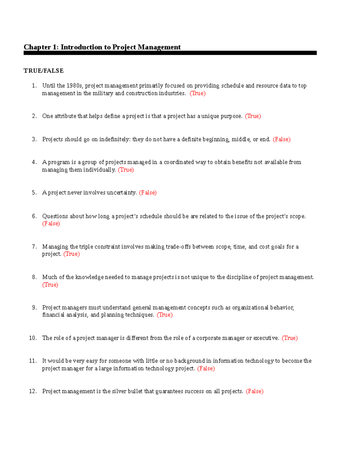 PRM-final - hello - Chapter 1: Introduction to Project Management TRUE ...