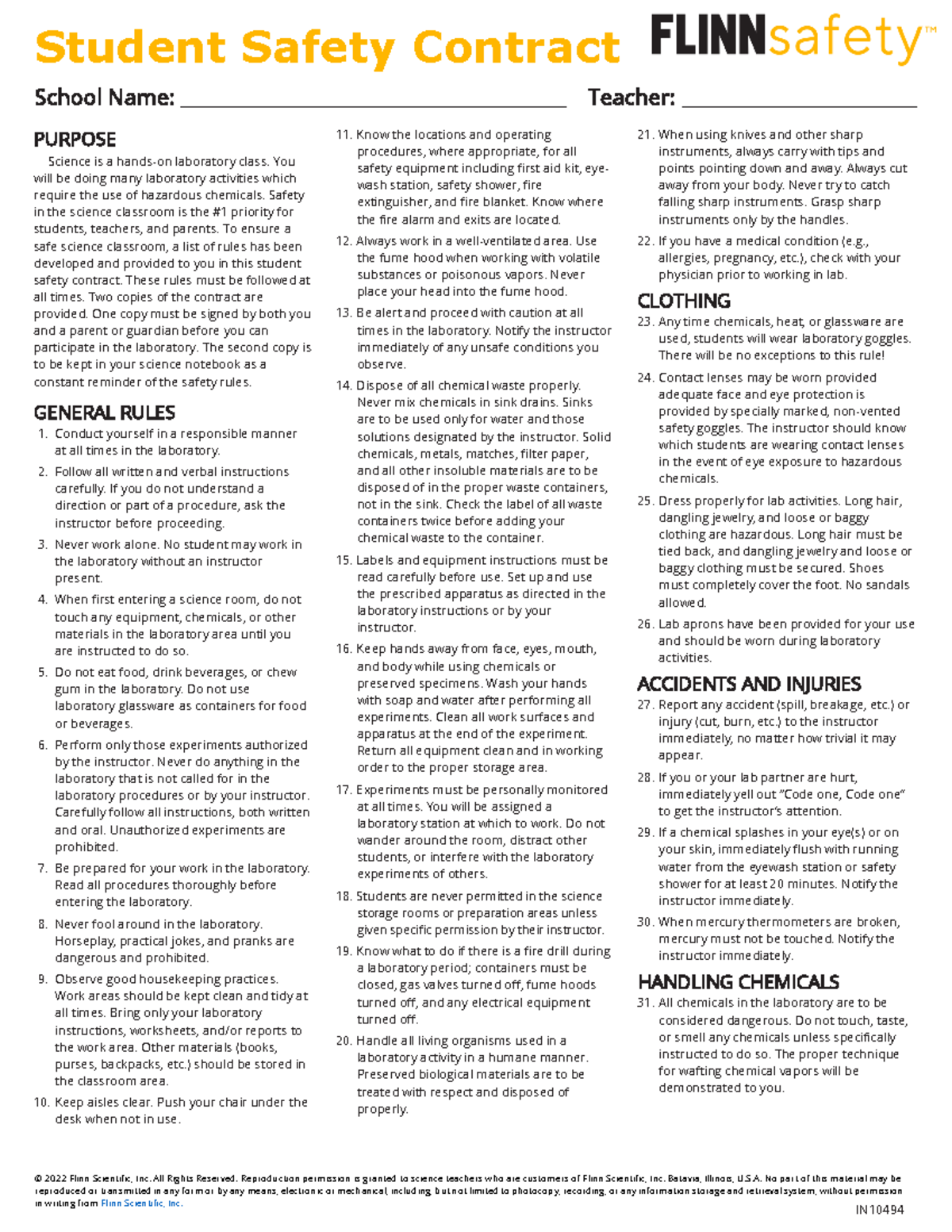 Isaiah Hall - HS Safety Contract - © 2022 Flinn Scientific, Inc. All ...