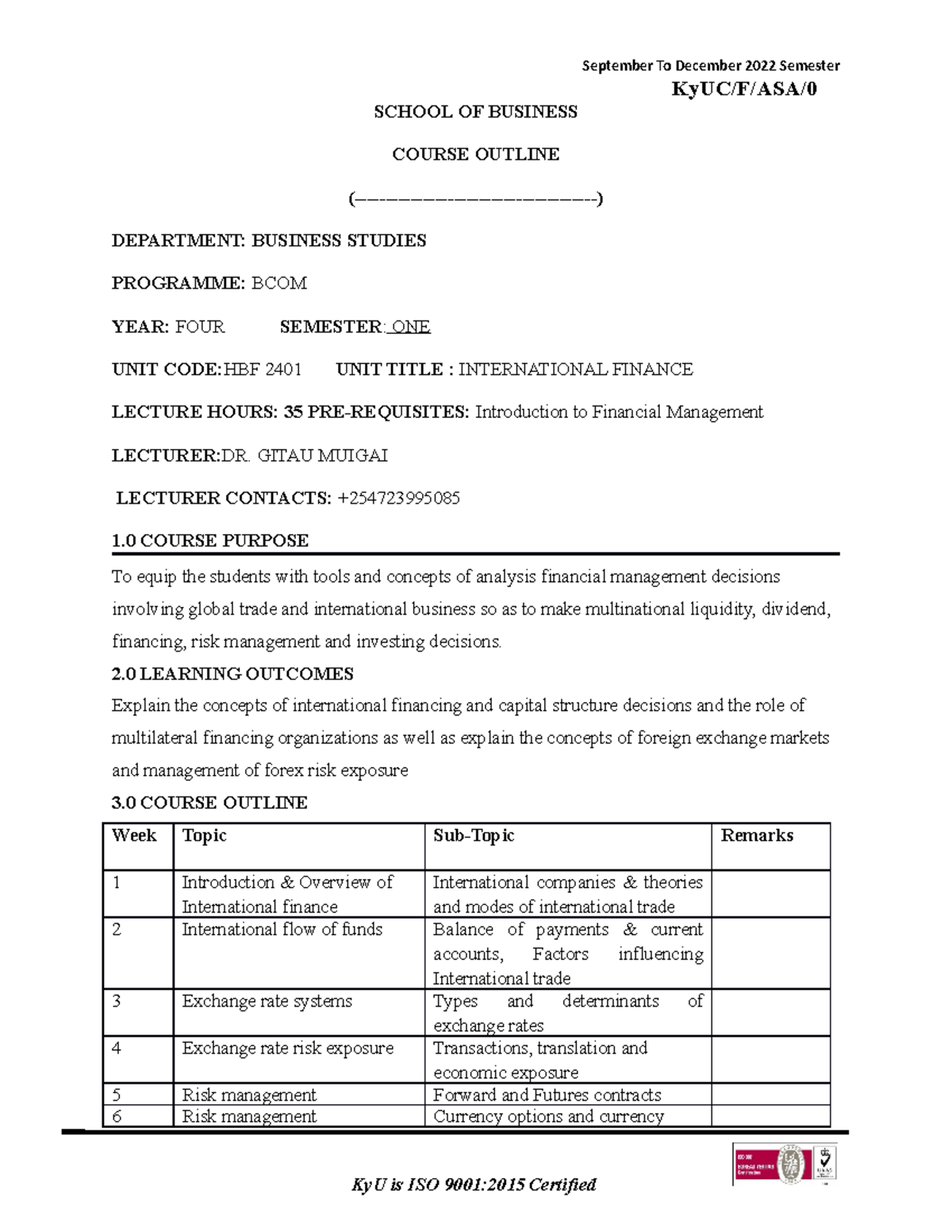 Course outline - class - September To December 2022 Semester KyUC/F/ASA ...
