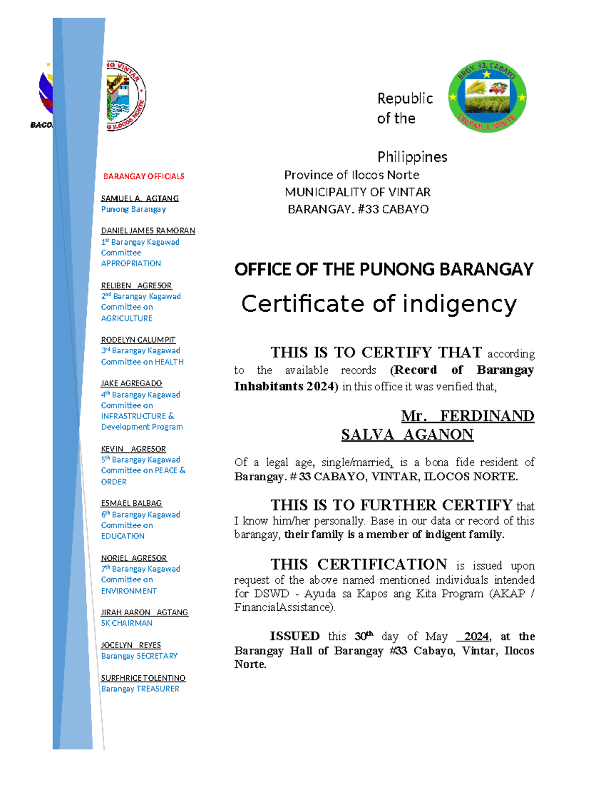 Barangay Indegency ayuda - Republic of the Philippines Province of ...