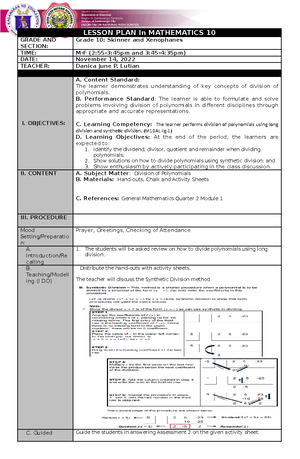 DLP-November 22,2022- math 10 - LESSON PLAN in MATHEMATICS 10 GRADE AND ...