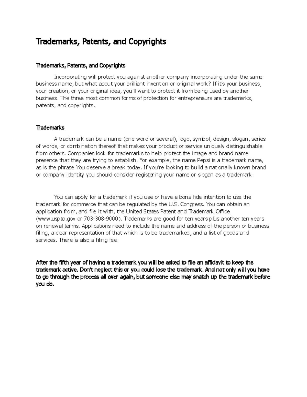 Trademarks, Patents, and Copyrights - Trademarks, Patents, and ...