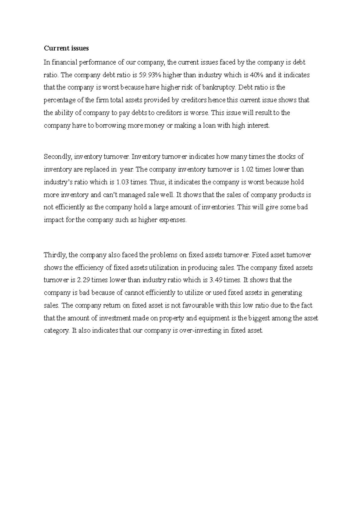 Current issue - Current issues In financial performance of our company ...