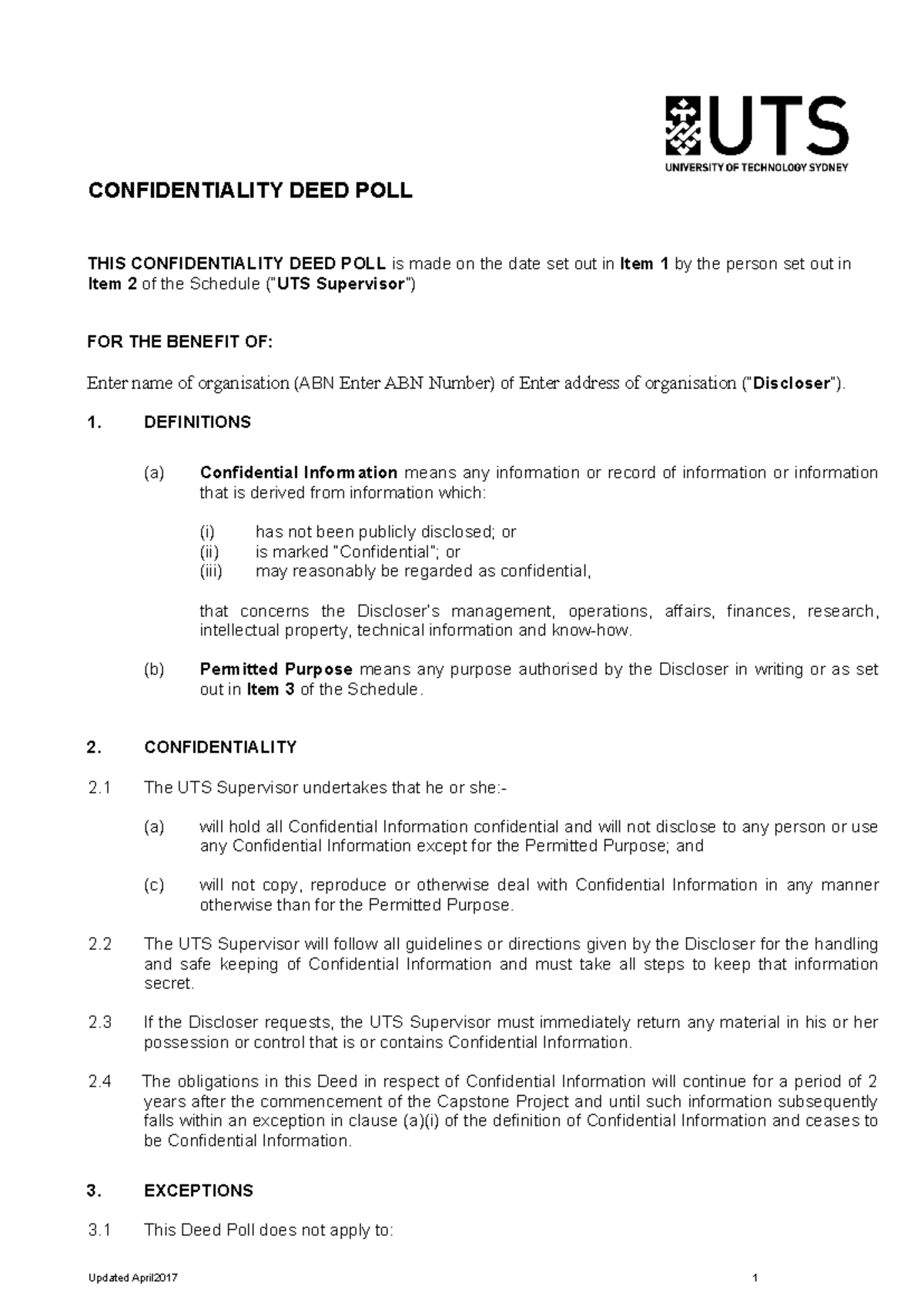 Confidentiality deed poll - Supervisor-1 - CONFIDENTIALITY DEED POLL ...