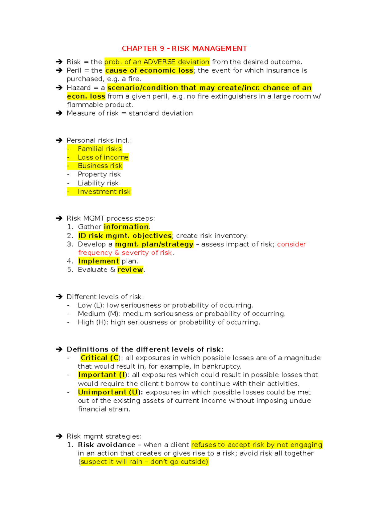 Chapter 9 - Risk management - CHAPTER 9 - RISK MANAGEMENT Risk = the ...