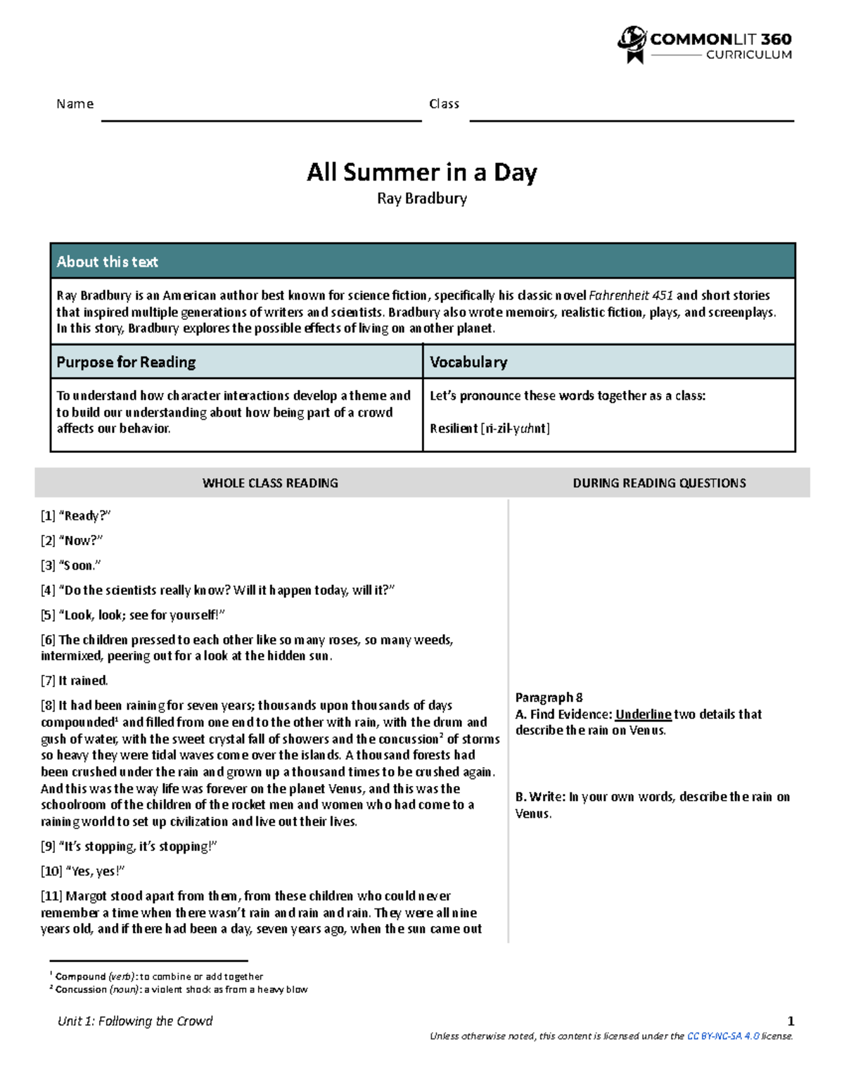 All+Summer+in+a+Day - All+Summer+in+a+Day Reading - Name Class All ...