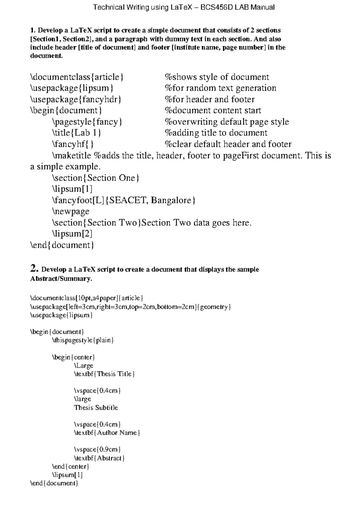 Latex Lab Manual - Develop A Latex Script To Create A Simple Document 