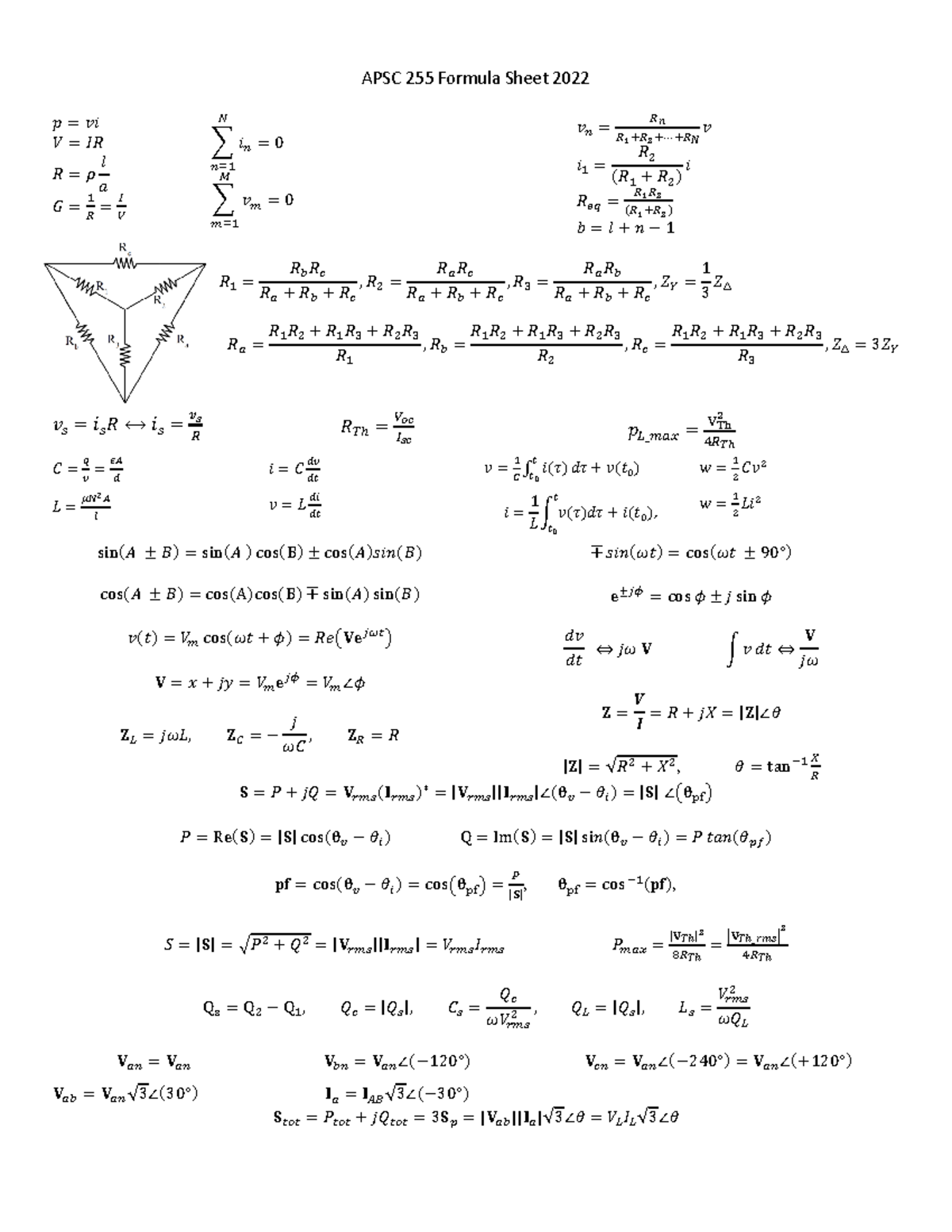Formula Sheet 2022 Final - APSC 255 Formula Sheet 2022 𝕝 = ÿÿ 𝕉 = 𝔼ā ā ...