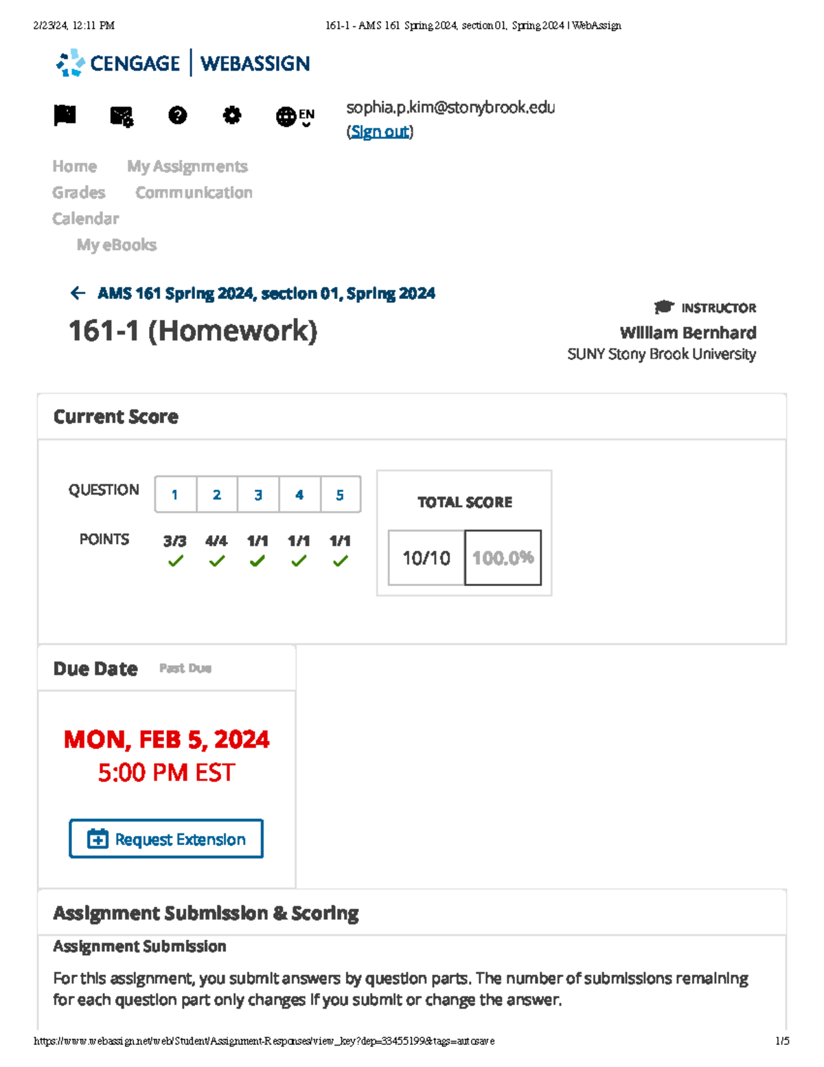 161-1 - AMS 161 Spring 2024, section 01, Spring 2024 Web Assign - EN sophia.p@stonybrook (Sign ...