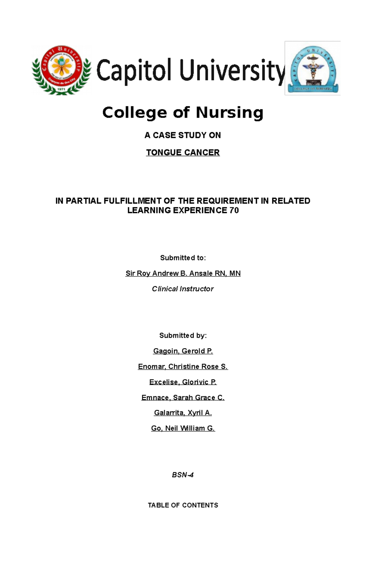 Tongue Cancer Case study - College of Nursing A CASE STUDY ON TONGUE ...