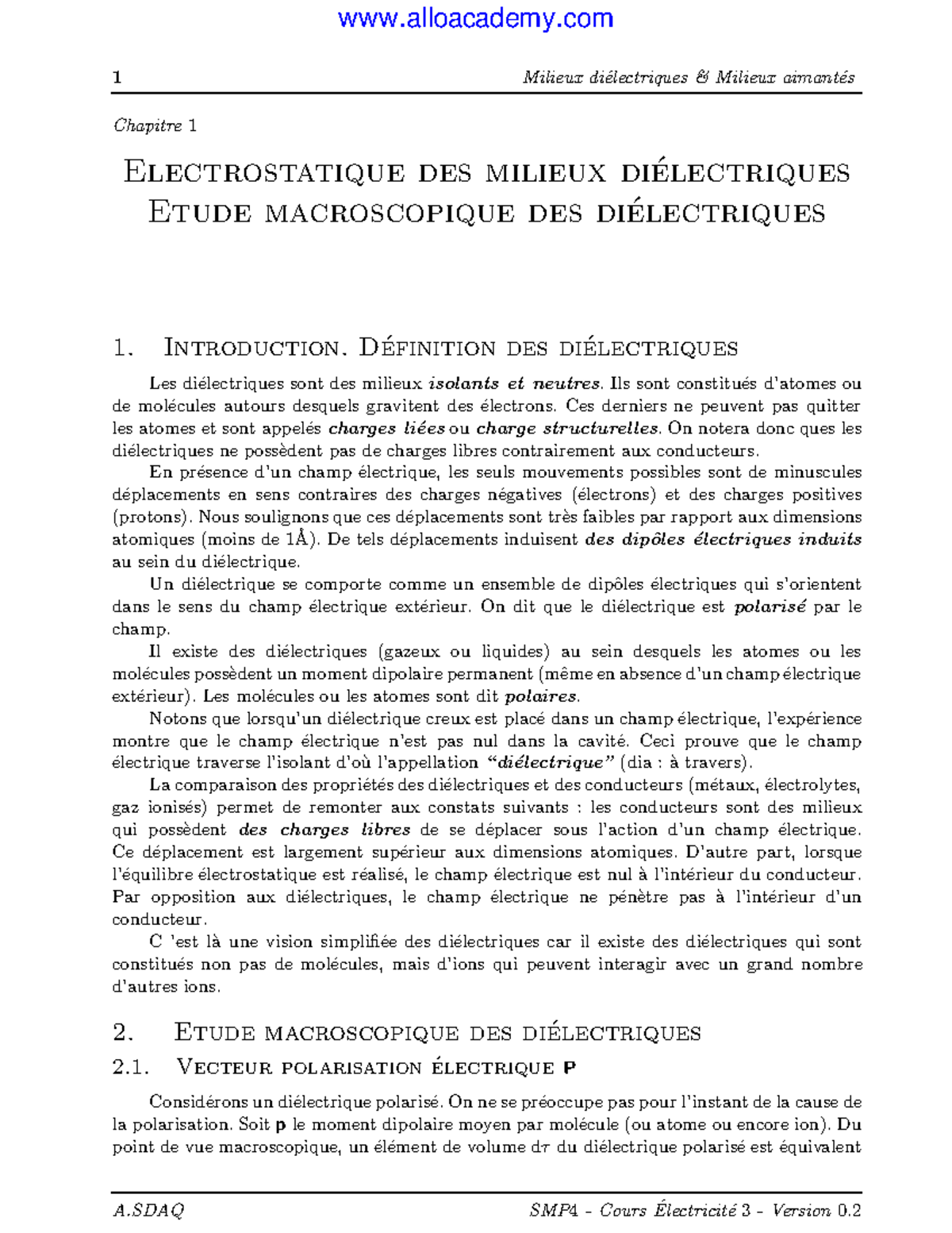 Chap1-Électrostatique des milieux diélectriques Étude macroscopique des diélectri(www - 1 ...