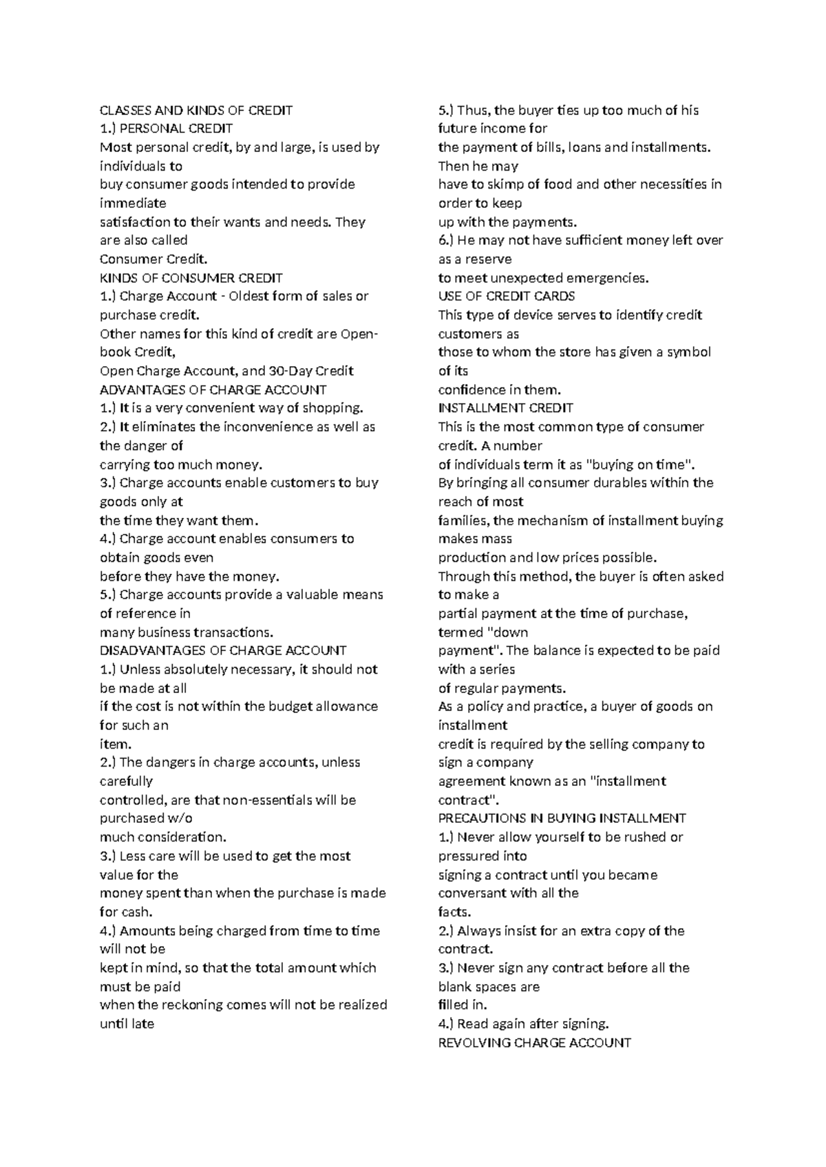 Classes AND Kinds OF Credit - CLASSES AND KINDS OF CREDIT 1.) PERSONAL ...