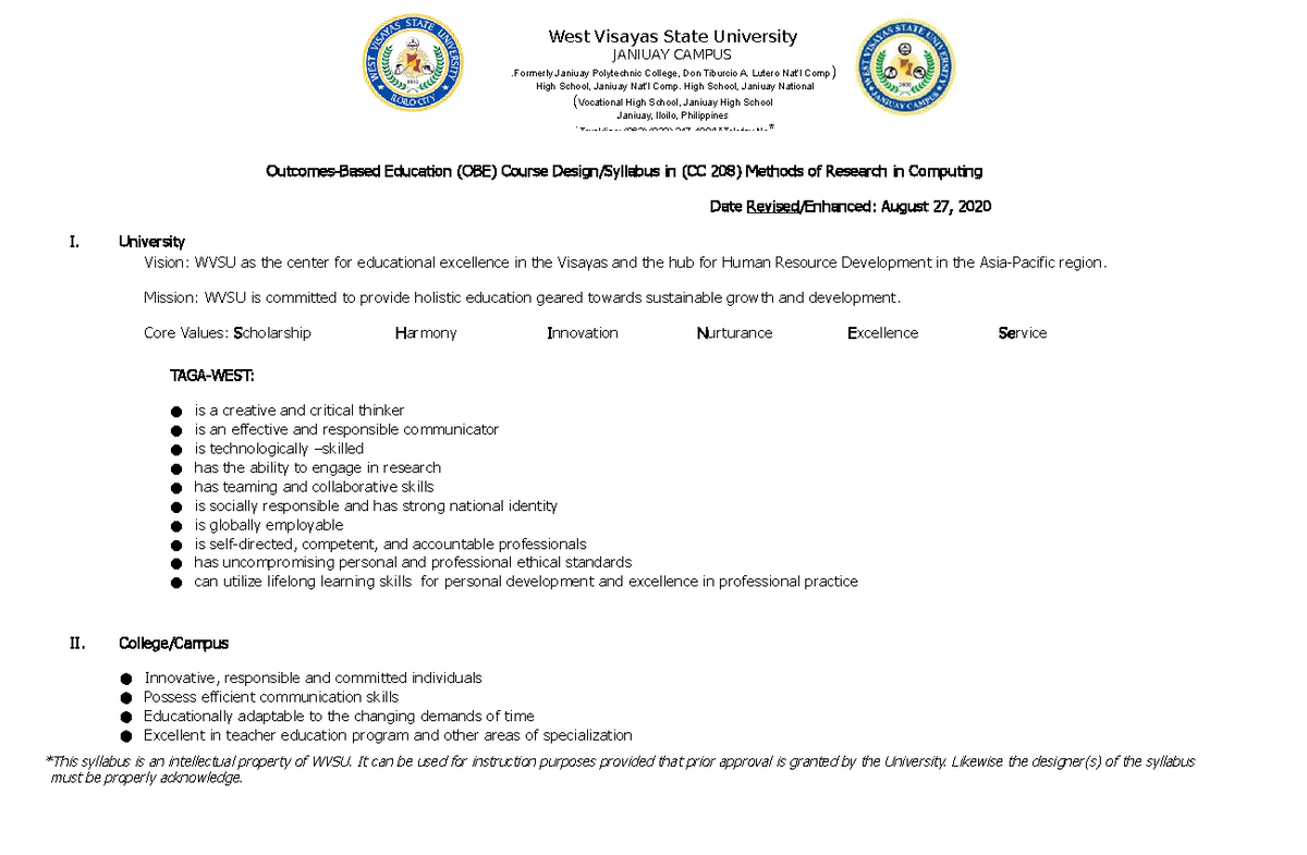 CC 208 Methods of Research in Computing 1 - Outcomes-Based Education ...