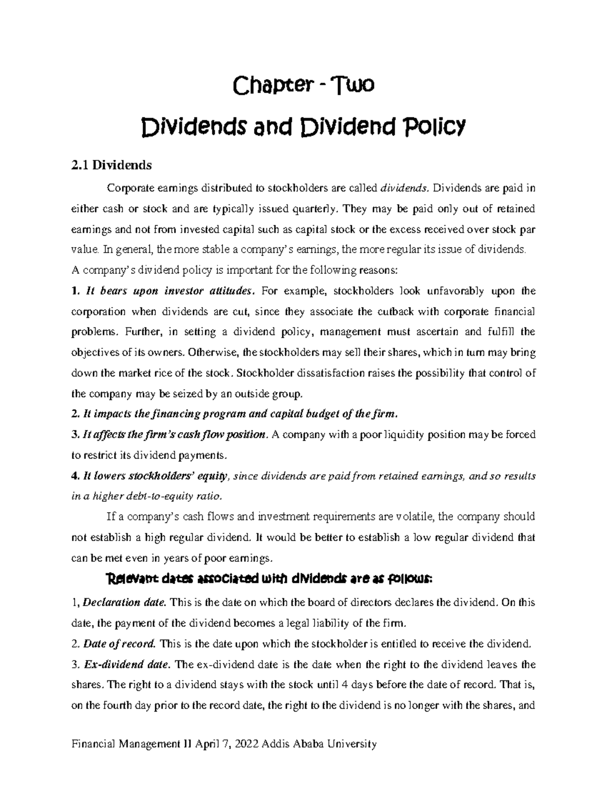 Financial management 2 - Chapter - Two Dividends and Dividend Policy 2 ...