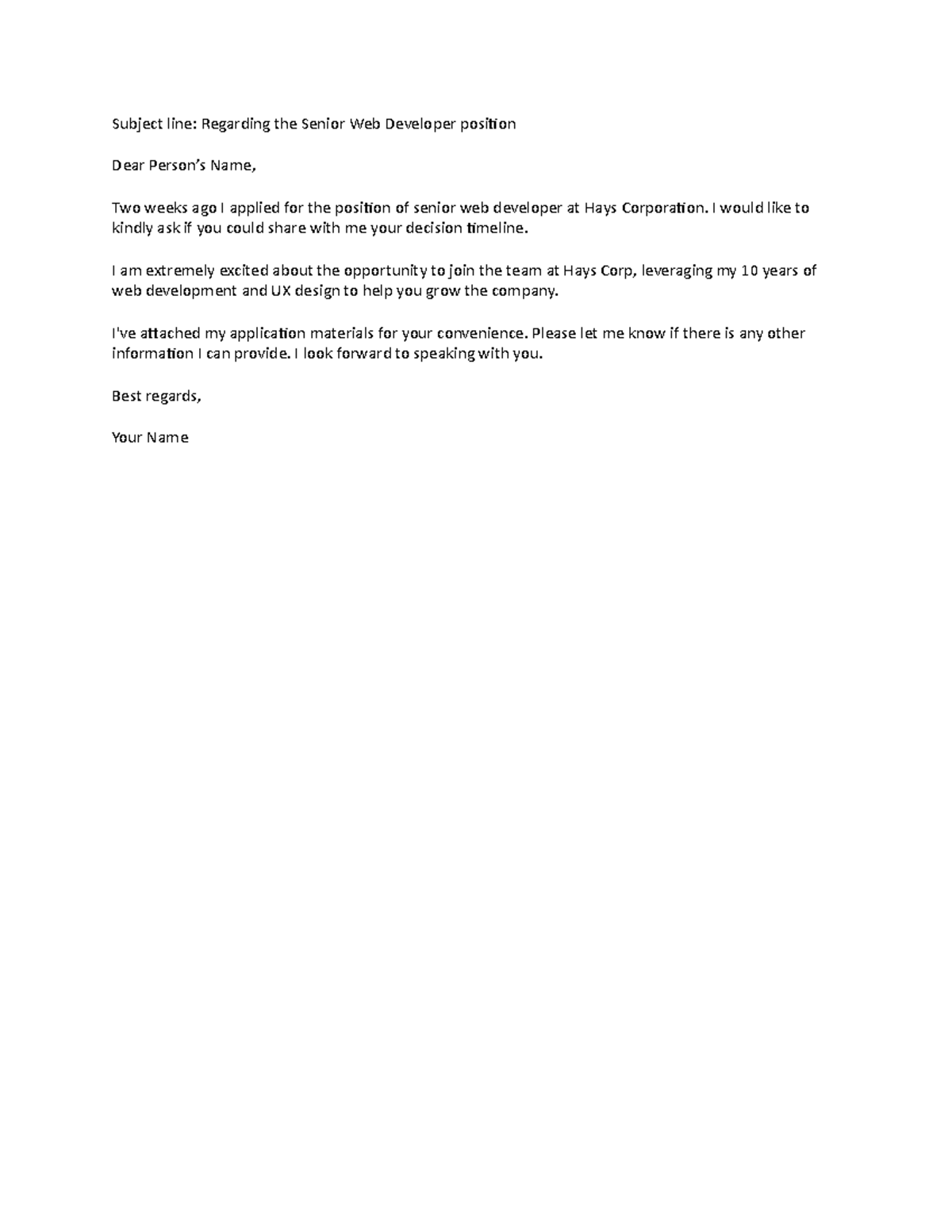 Follow up Email Ater Job Application Subject Line Regarding The