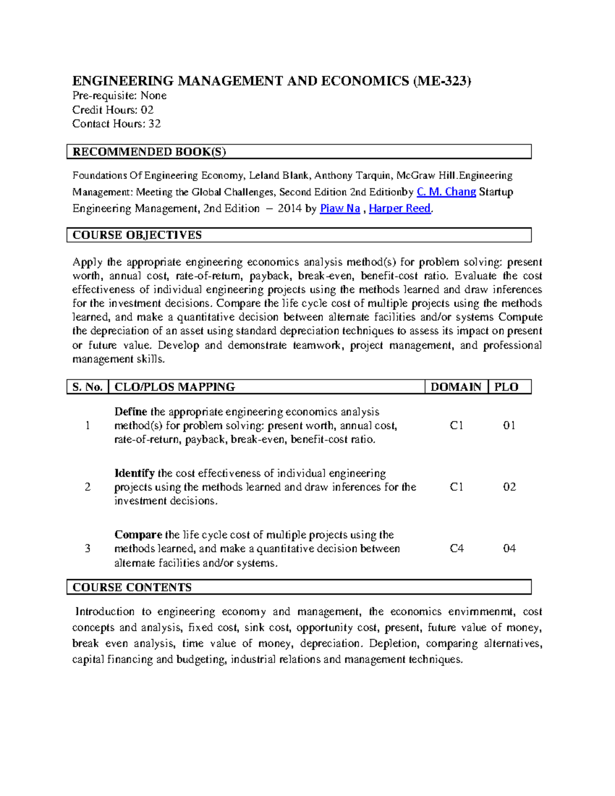 Engineering Management AND Economics (ME-323) 2 - ENGINEERING ...