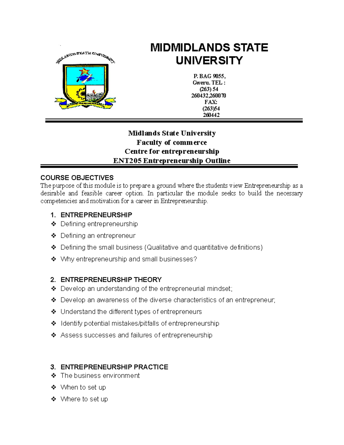 Entrepreneurship Module Outline - MIDMIDLANDS STATE UNIVERSITY P. BAG ...
