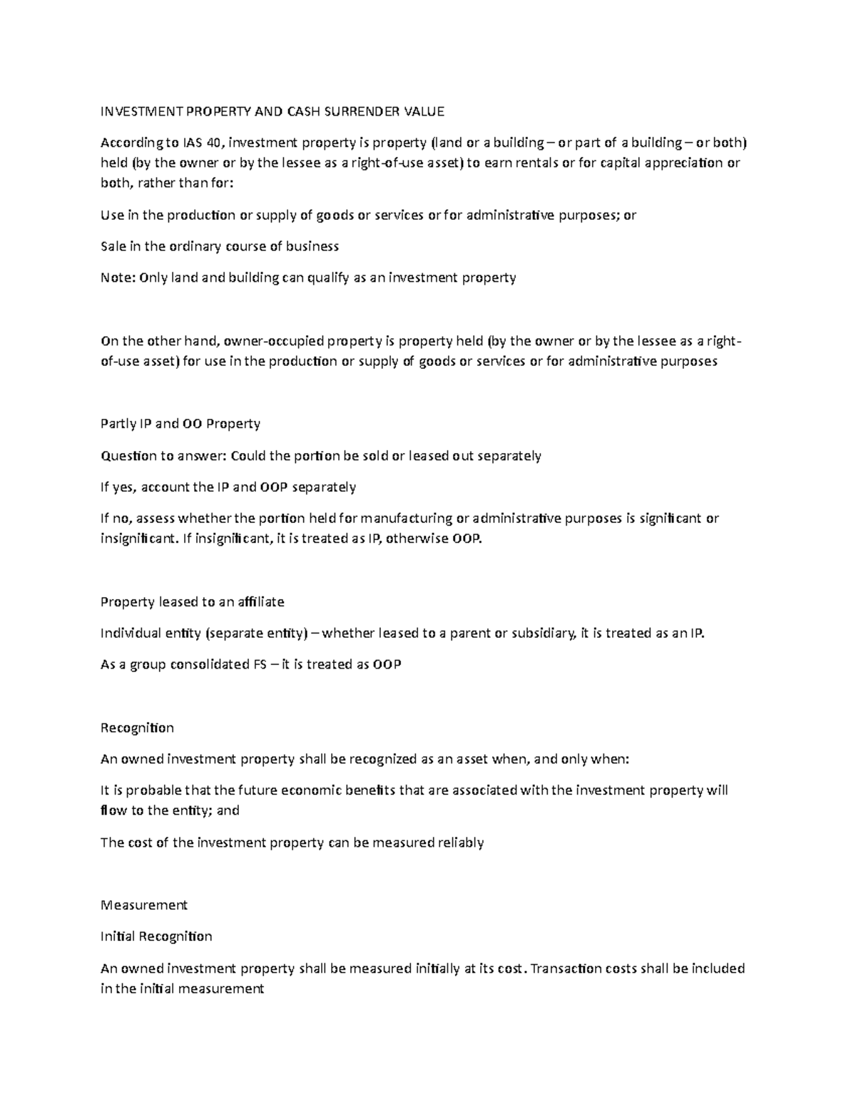 Investment Property AND CASH Surrender Value - Accountancy - UNP - Studocu