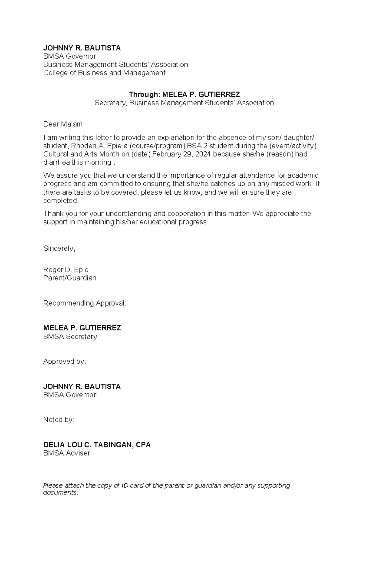Excuse Letter Format 1 - JOHNNY R. BAUTISTA BMSA Governor Business ...