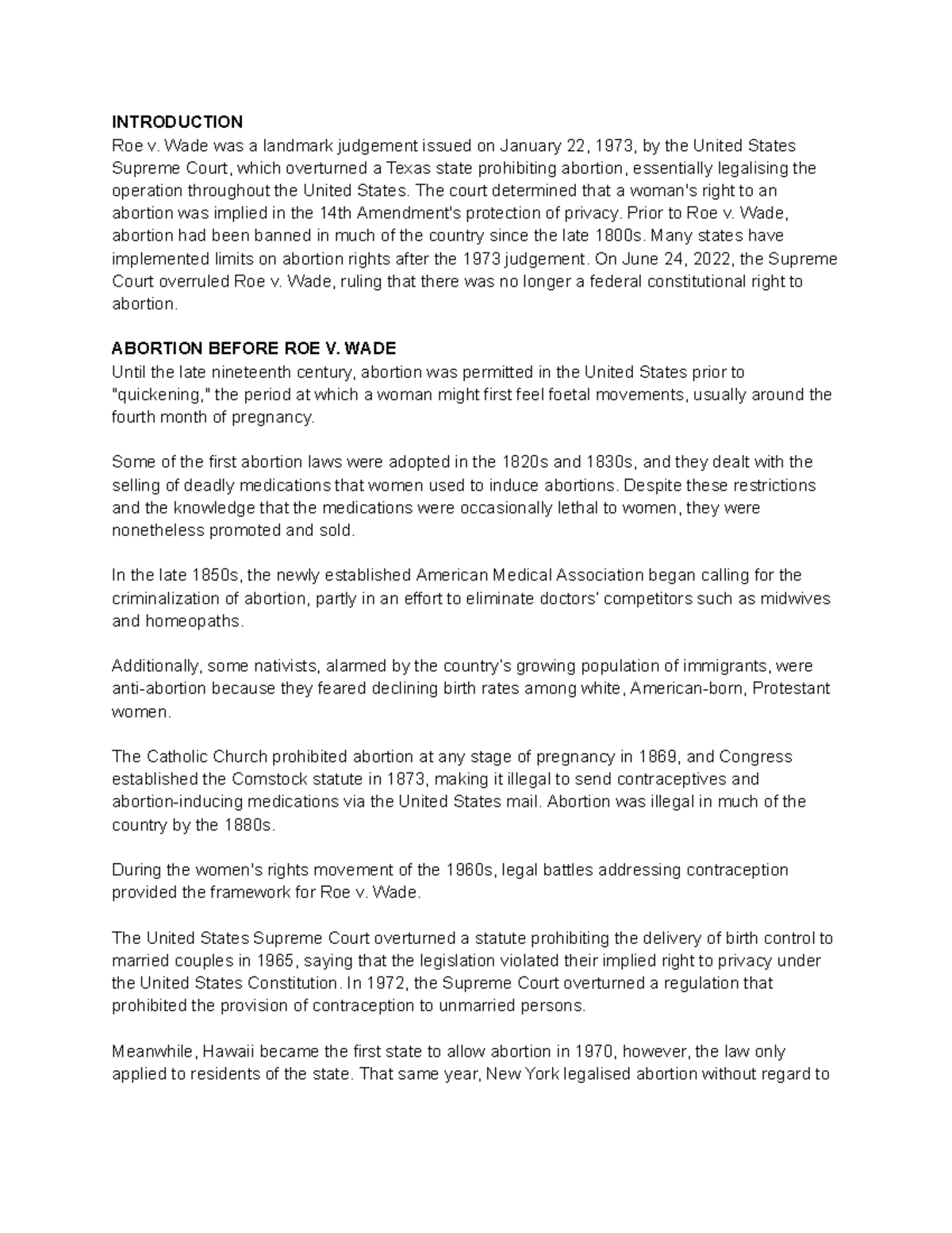 Analysis OF ROE. V WADE - assignment on roe v wade - INTRODUCTION Roe v ...