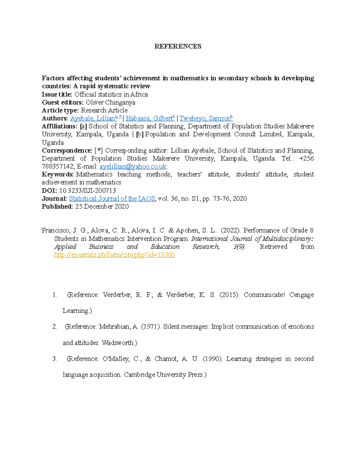 References - none - REFERENCES Factors affecting students’ achievement ...