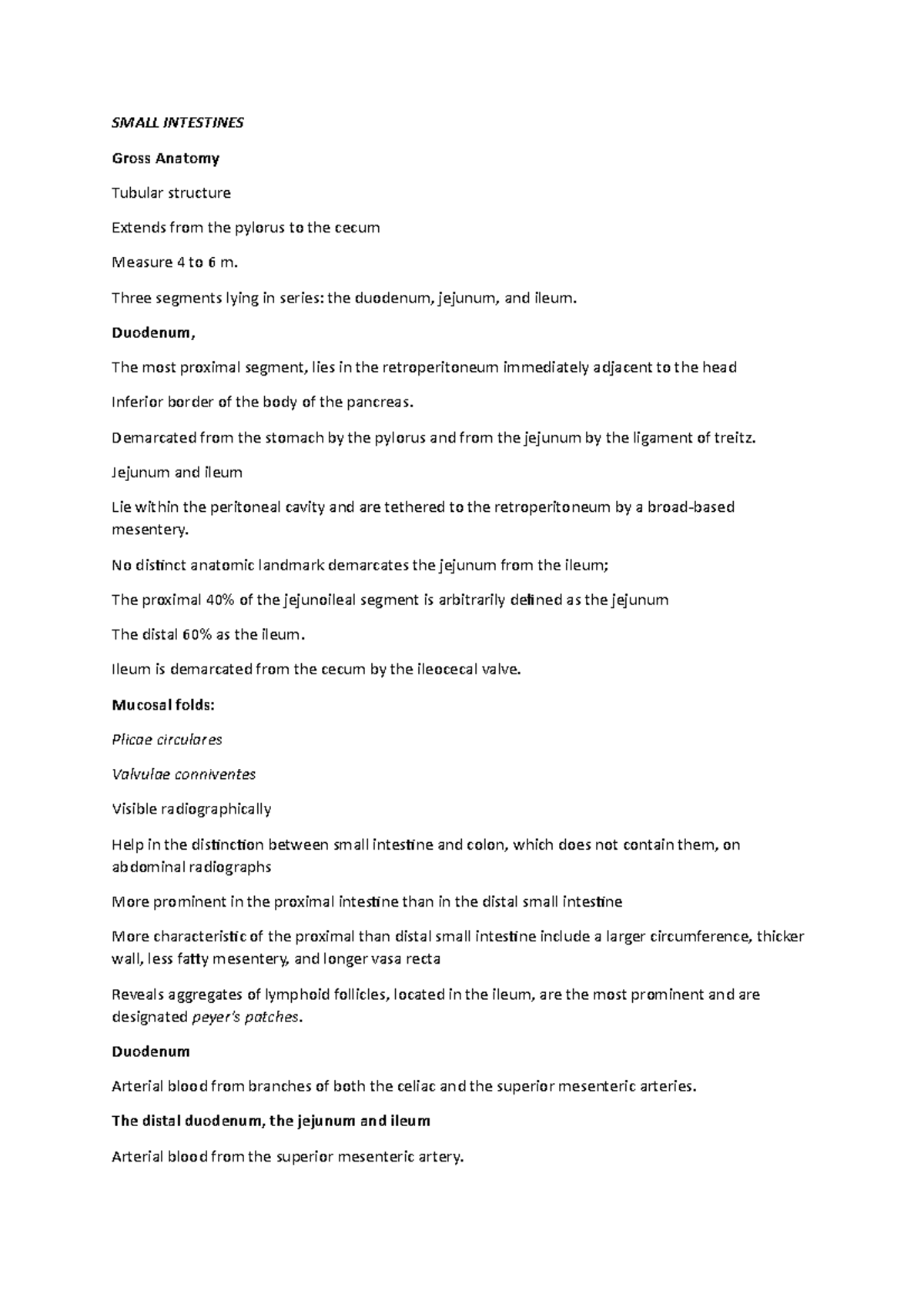 28 small intestine - Lecture notes 28 - SMALL INTESTINES Gross Anatomy ...