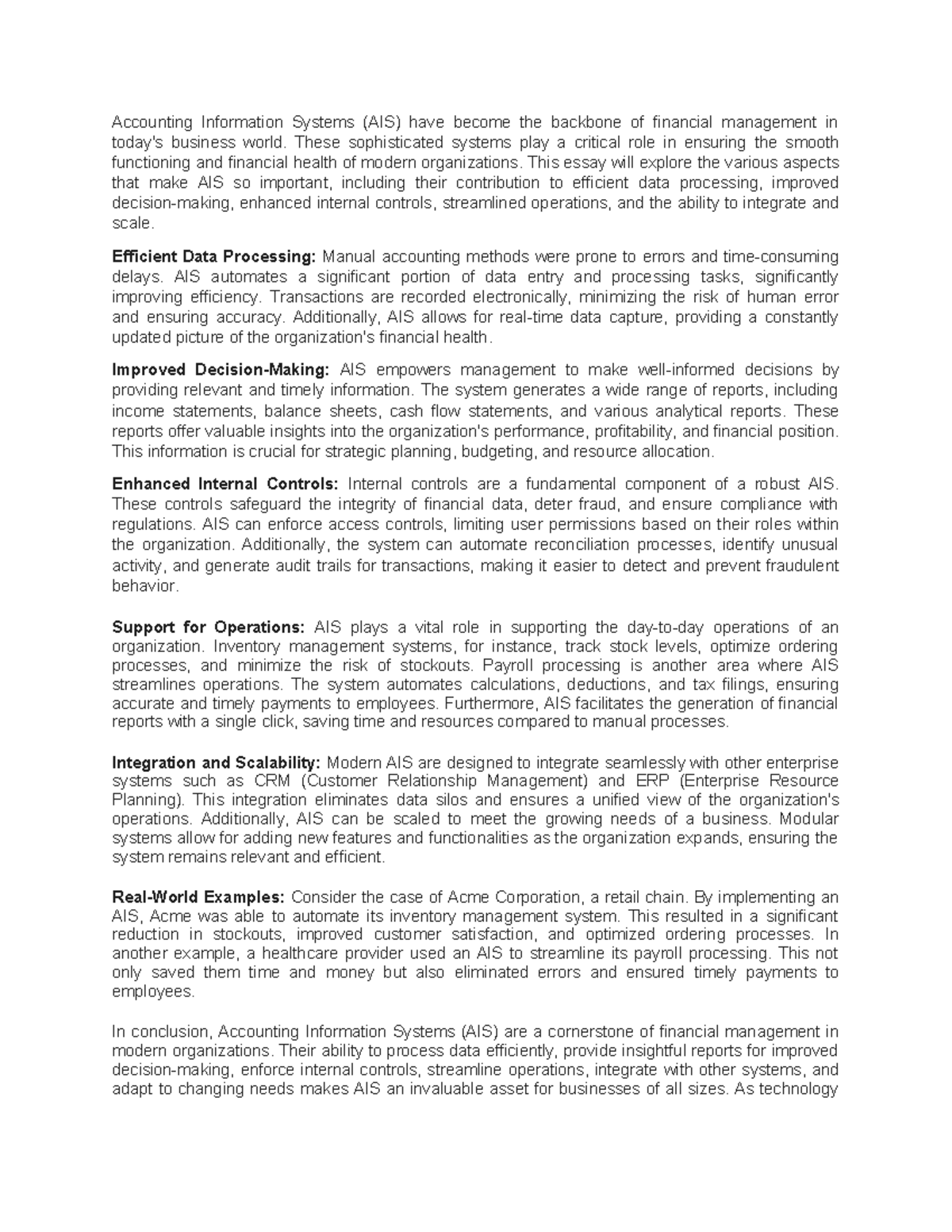 Accounting Information Systems(assignment) - Accounting Information Systems (AIS) have become ...