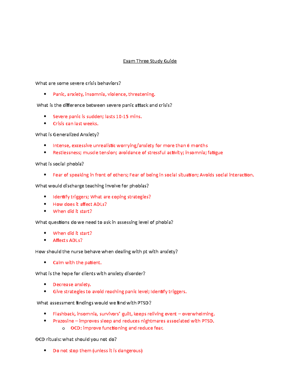 Mental Health Exam Three Study Guide Student Copy - Exam Three Study ...