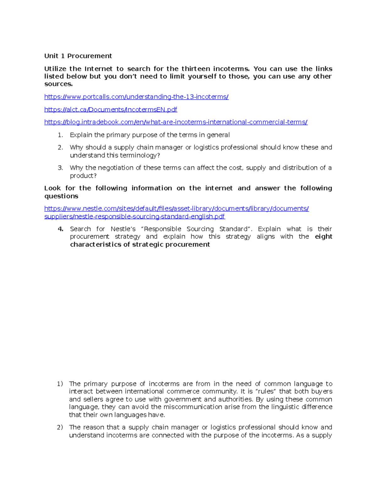 Unit 1 Procurement Strategy Logistics - Unit 1 Procurement Utilize the ...