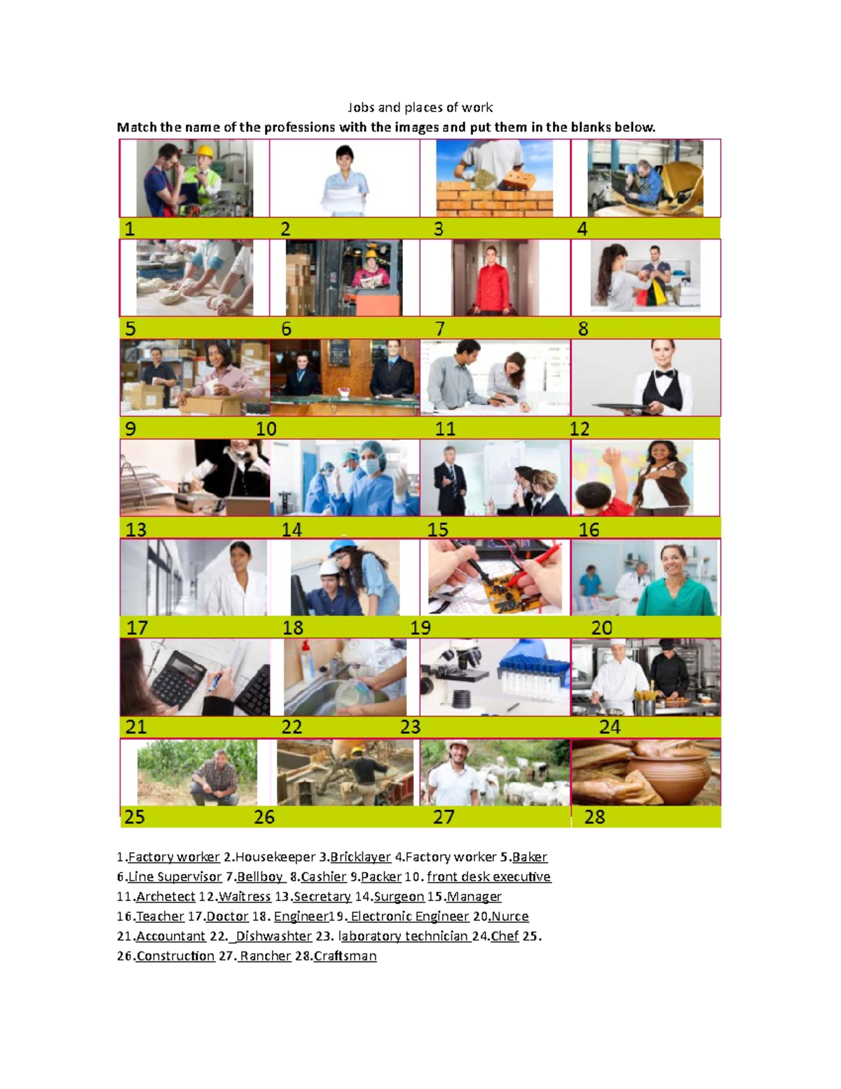 Jobs excercise - Jobs and places of work Match the name of the ...