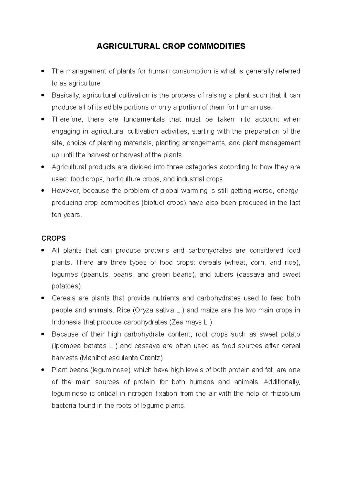 Lecture notes Agricultural CROP Commodities - AGRICULTURAL CROP ...