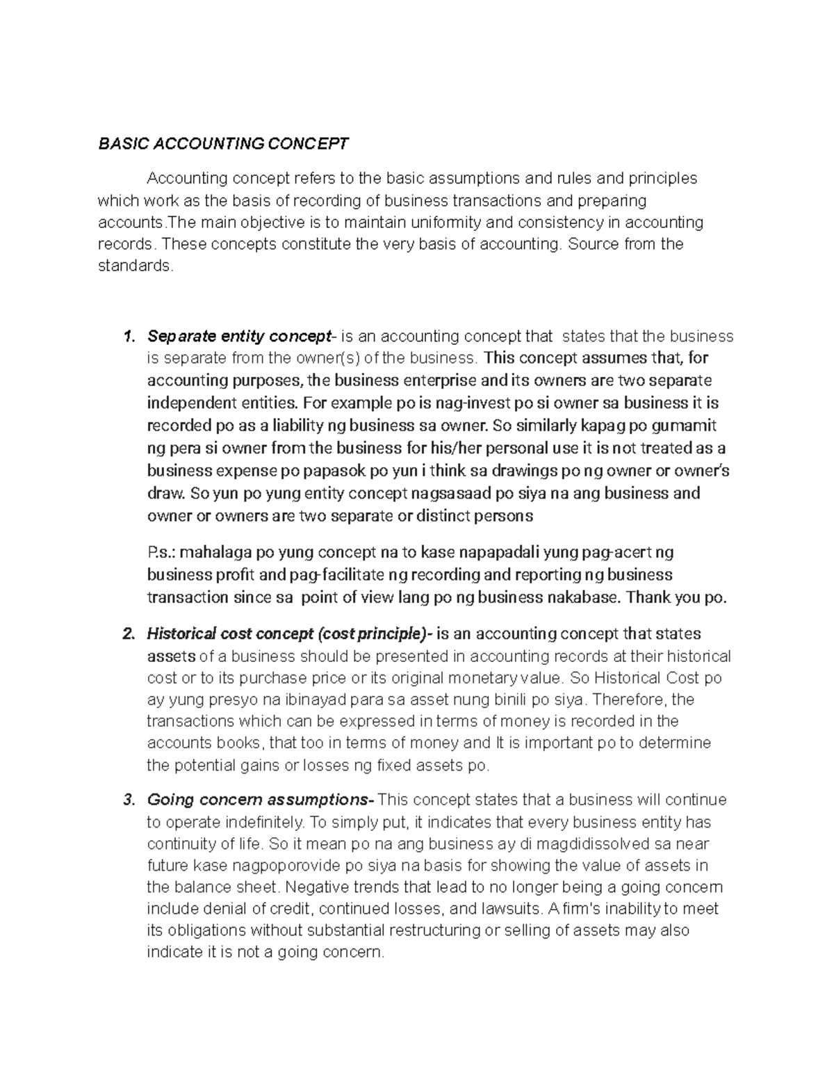 Chapter 2 notes - BASIC ACCOUNTING CONCEPT Accounting concept refers to ...