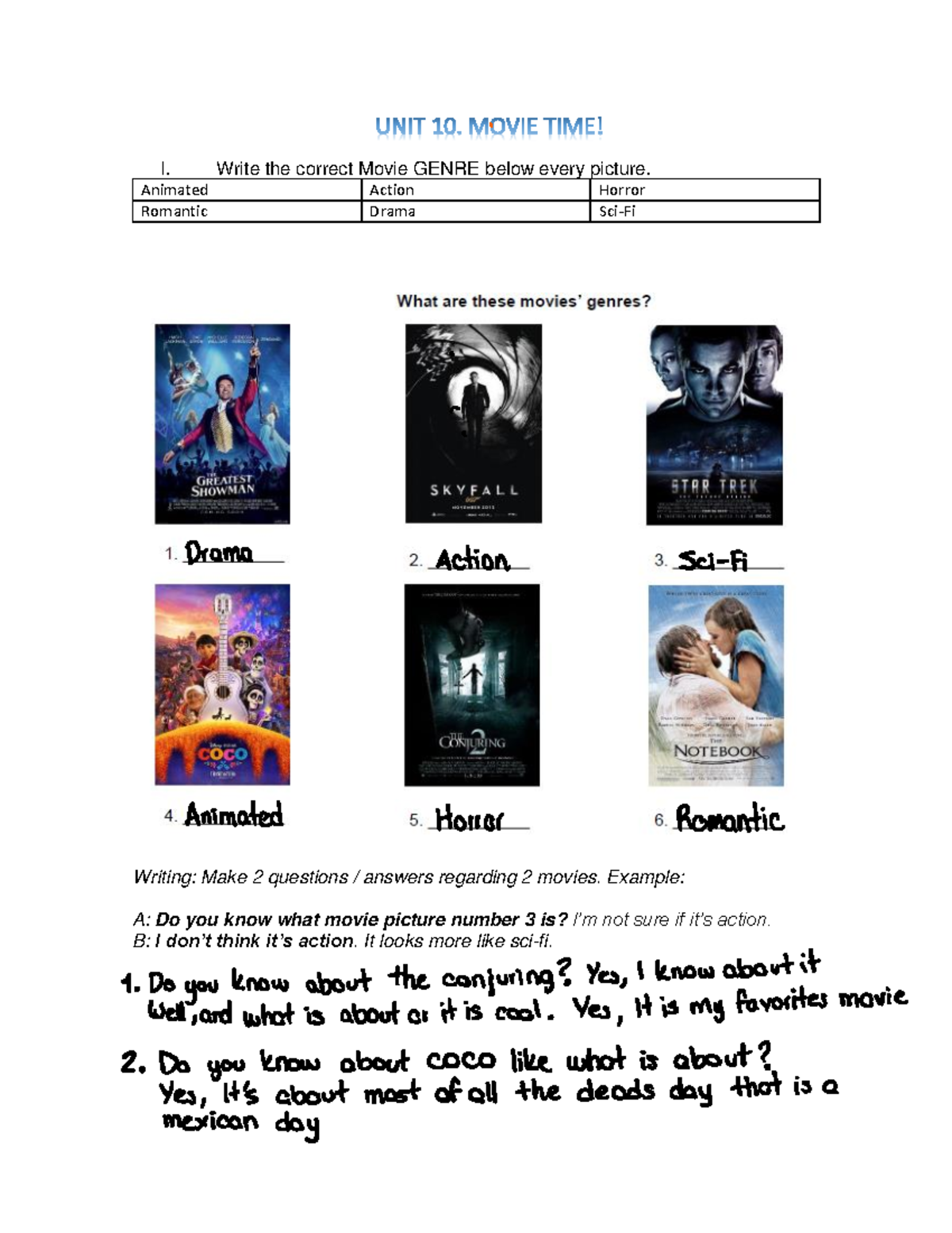 UNIT 10 Ss - Apuntes 10 - I. Write the correct Movie GENRE below every ...