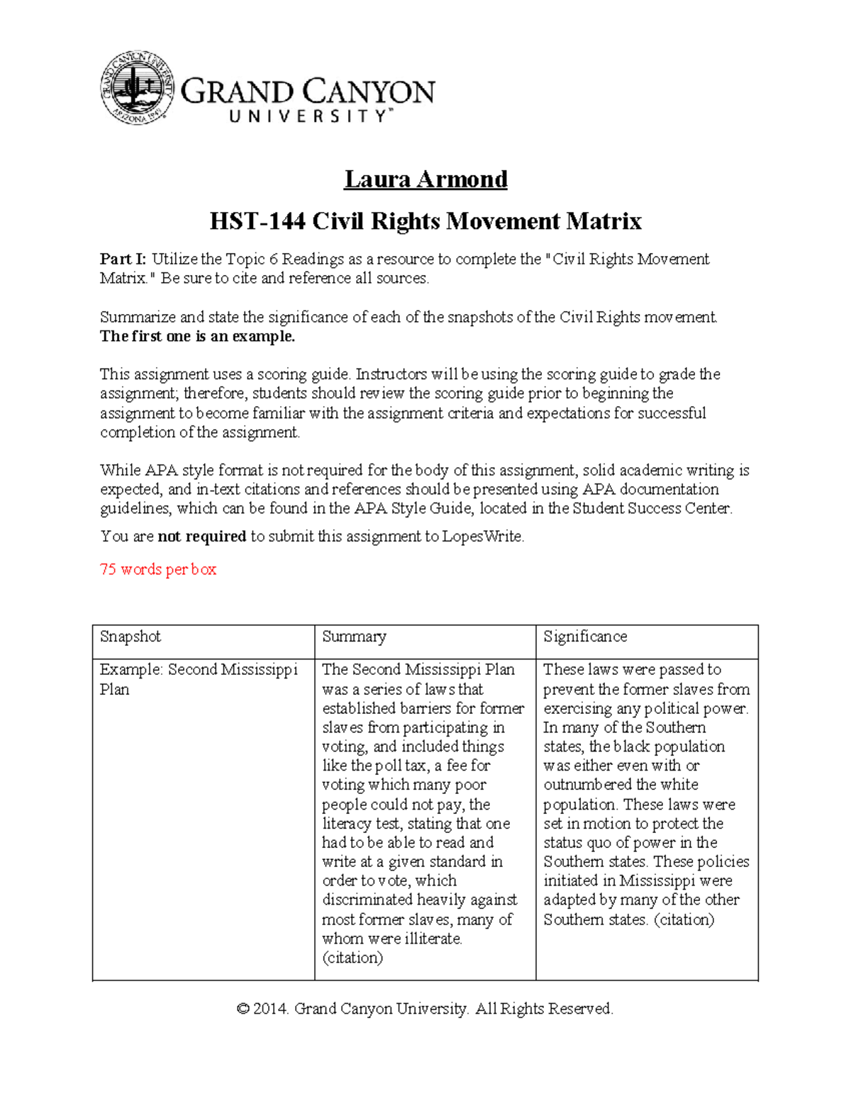 HIS144 Civil Rights Movement Matrix - Laura Armond HST-144 Civil Rights ...