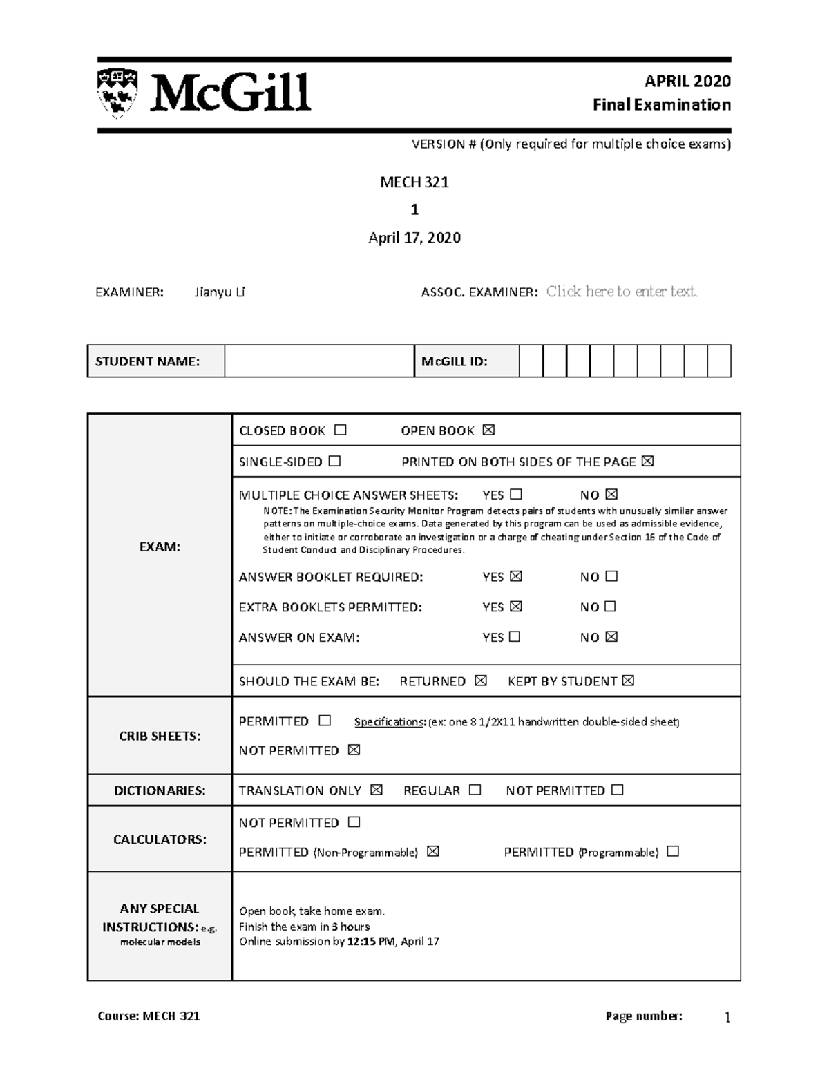 MECH 321 Final W2020 - Warning: TT: undefined function: 32 APRIL 2020 Final Examination VERSION ...
