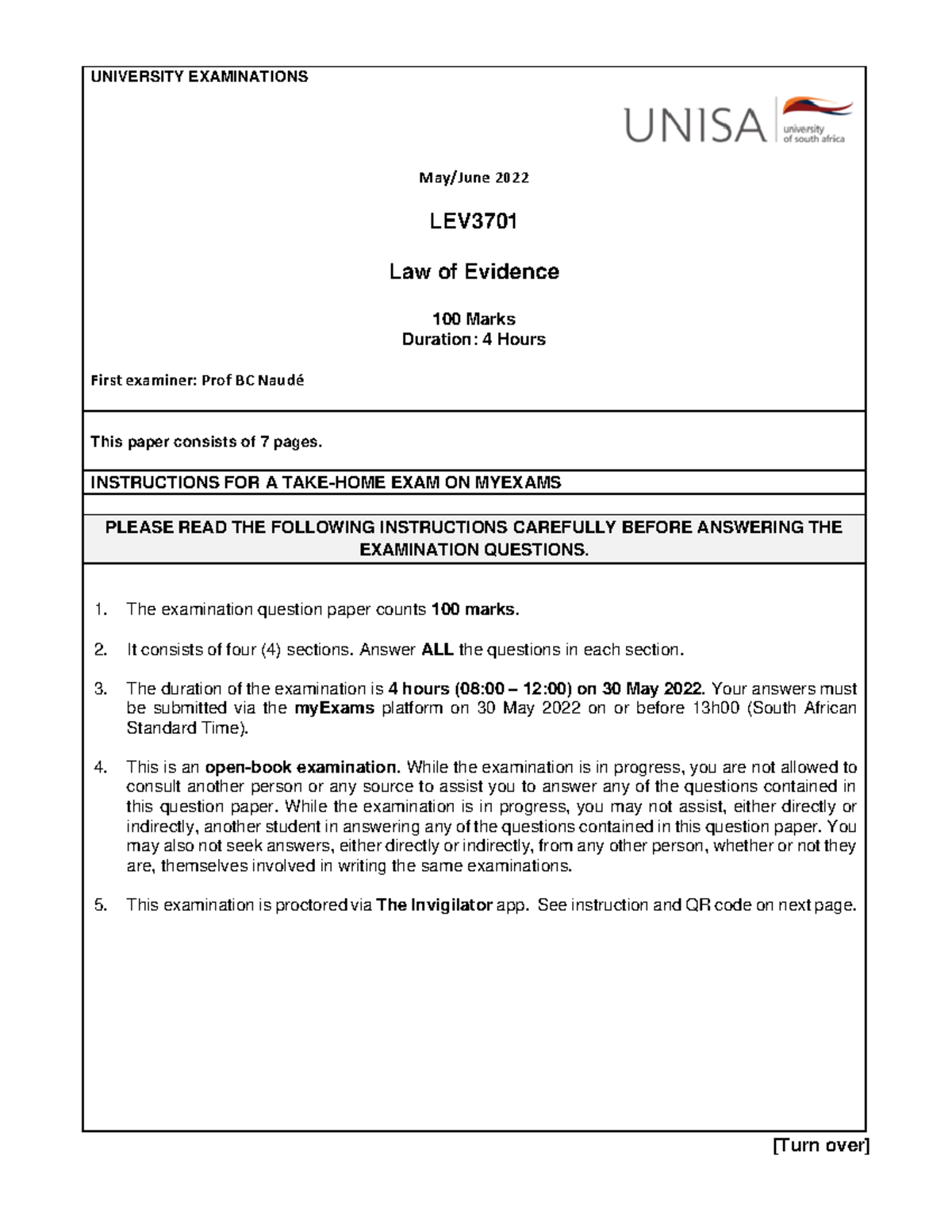 LEV3701 May2022 - UNIVERSITY EXAMINATIONS May/June 2022 LEV Law of ...