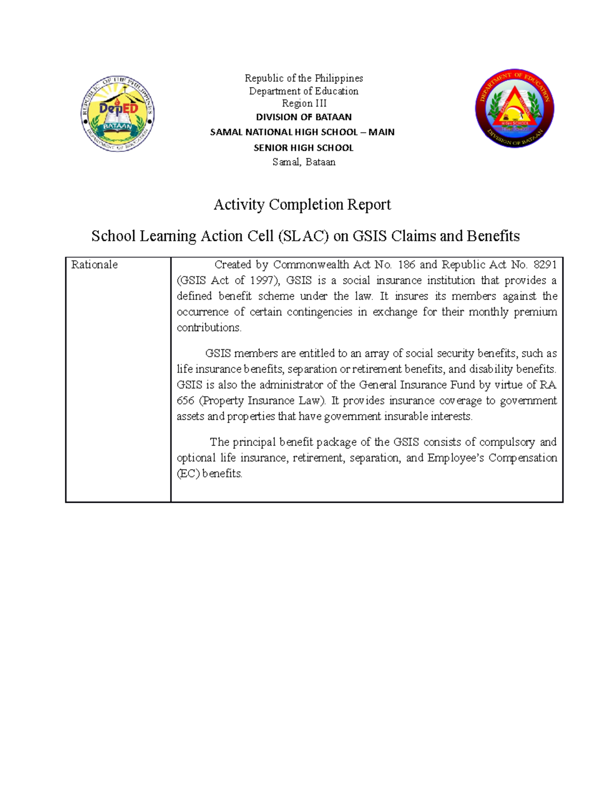 ACR of SLAC on GSIS - Activity Completion Report - Republic of the ...