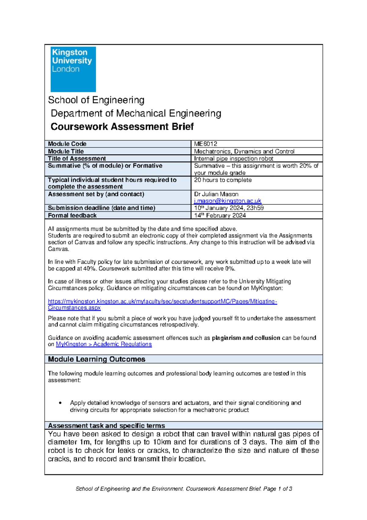 ME6012 E1 - Coursework (2023-24) - School of Engineering and the ...