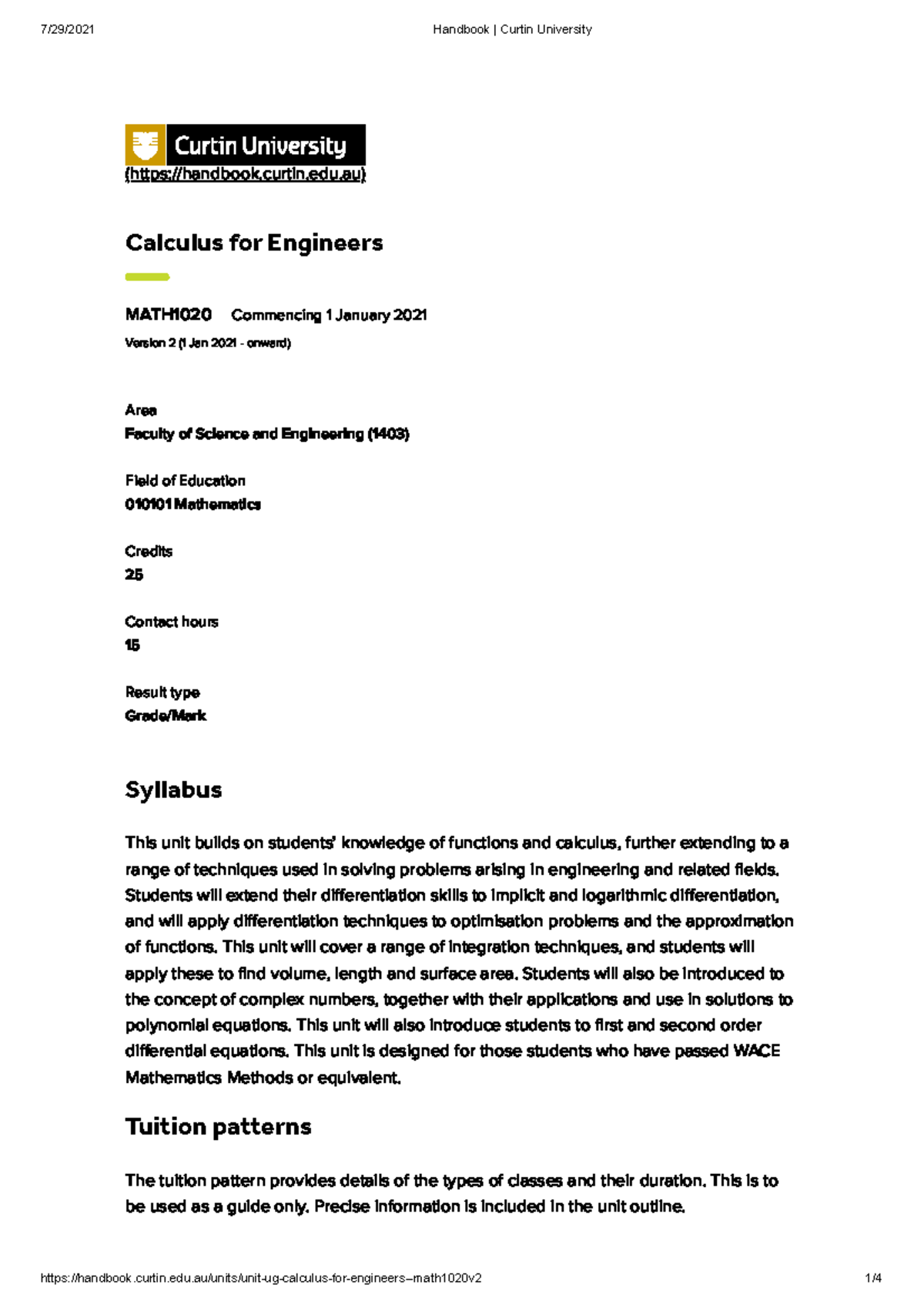 MATH1020 guide and unit outline - MATH1020 Commencing 1 January 2021 ...