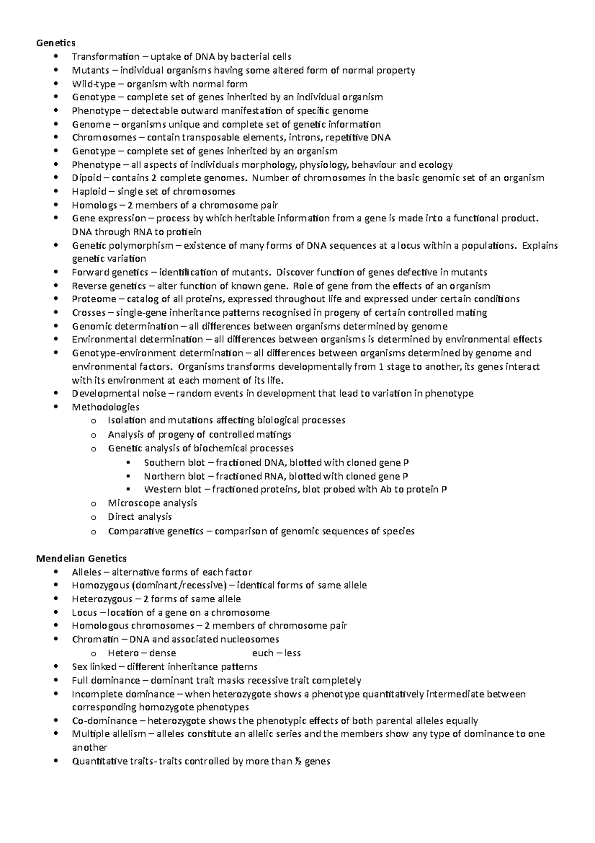 Genomics Summary Notes - Genetics Transformation – uptake of DNA by ...
