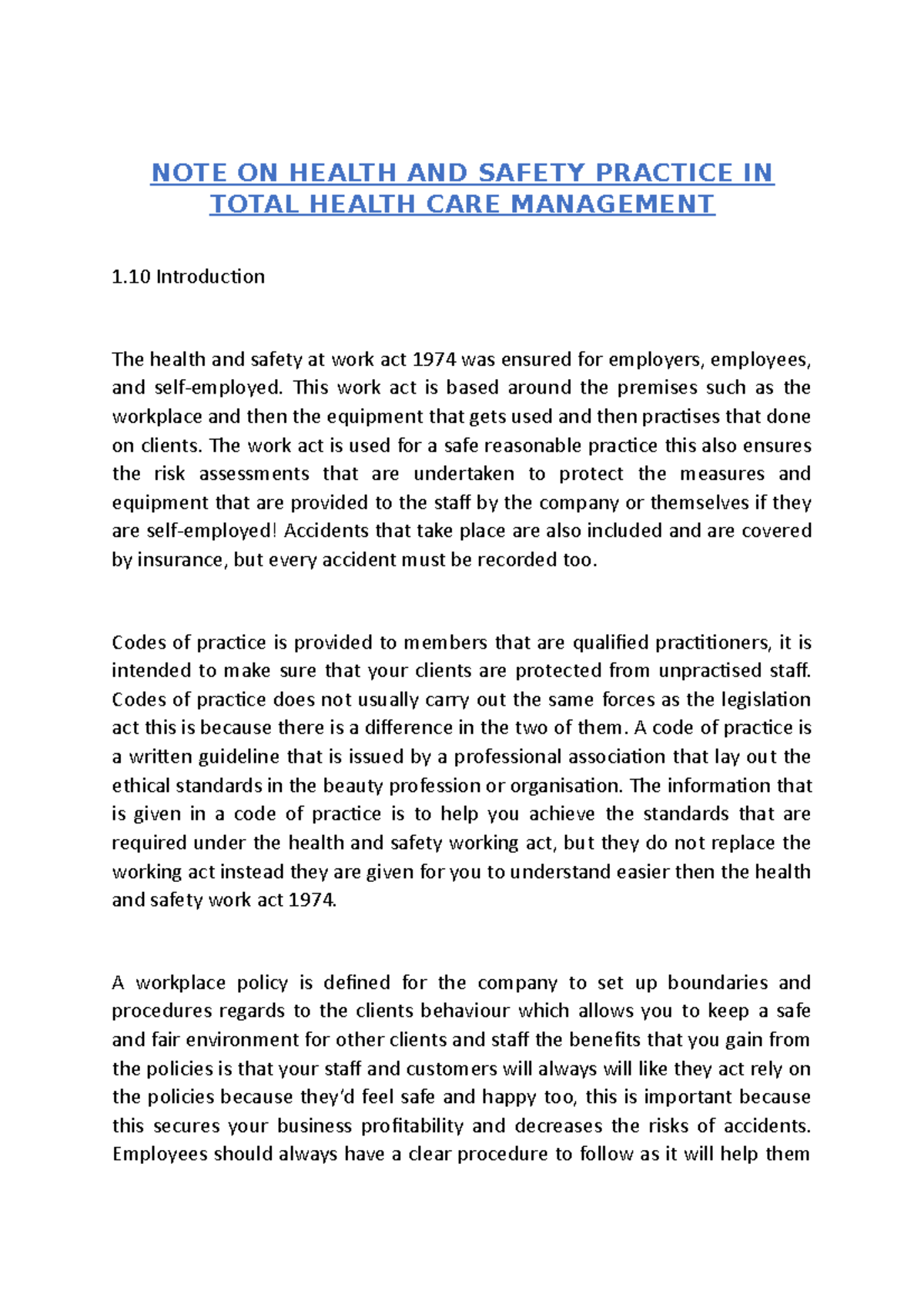 NOTE ON Health AND Safety Practice IN Total Health CARE Management ...