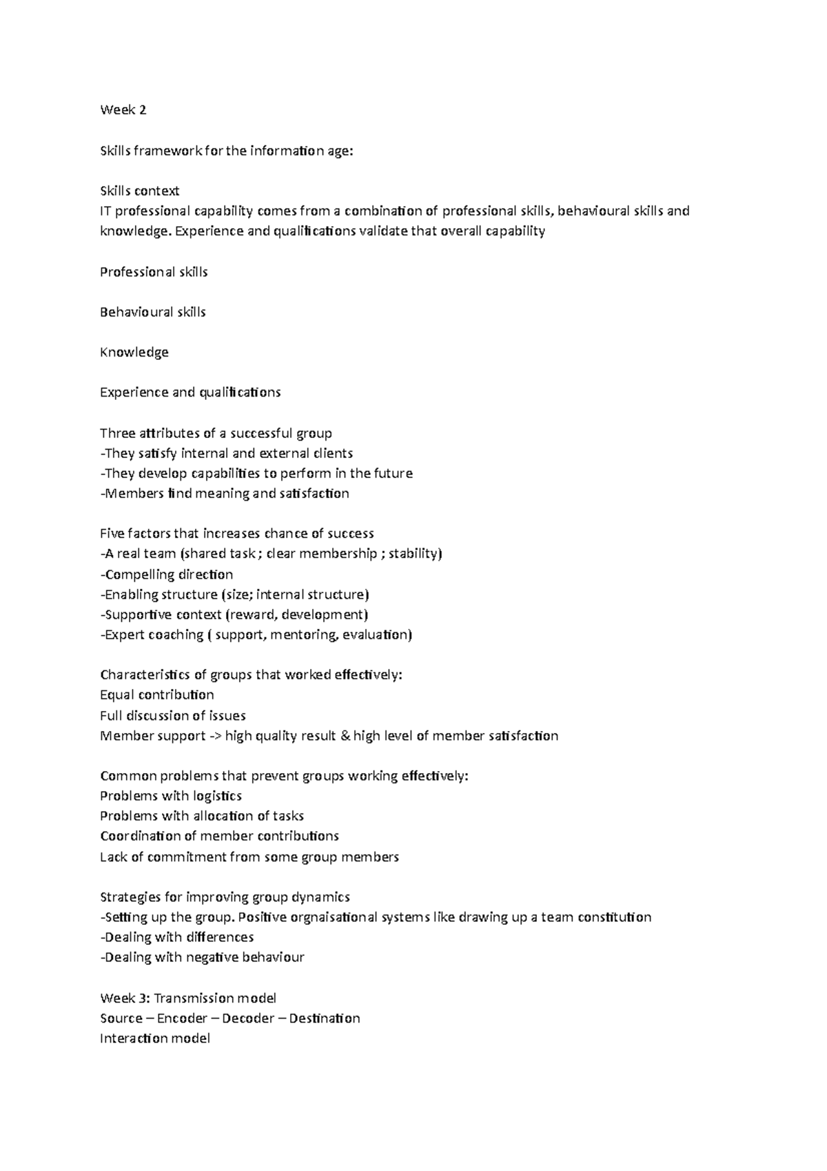 INFO1111 1 notes - dadad - Week 2 Skills framework for the information ...