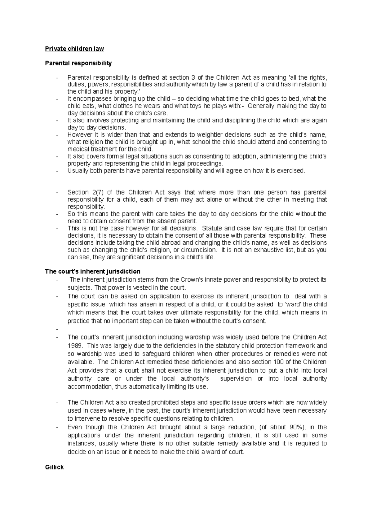 Unit 5 - family - Private children law Parental responsibility Parental ...