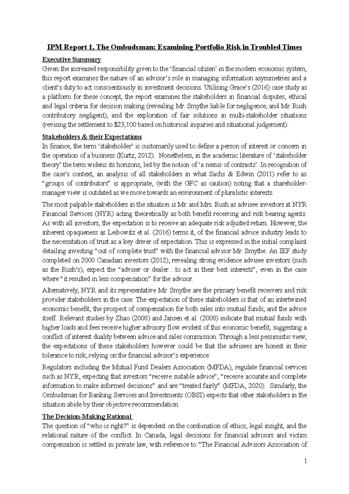 FINC3017 Report #1 Sem1, 2020 (HD) - IPM Report 1, The Ombudsman ...