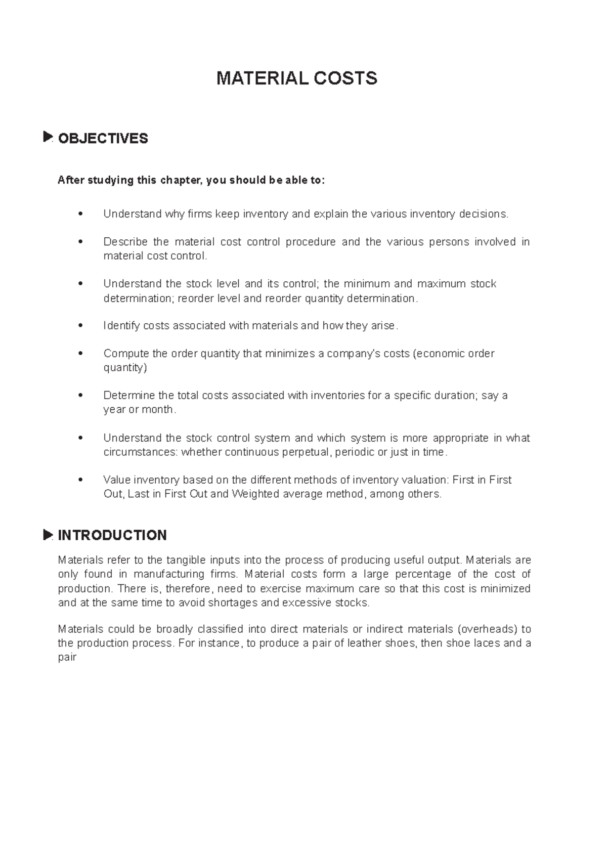 Material COST - Cost accounting notes - MATERIAL COSTS OBJECTIVES After ...