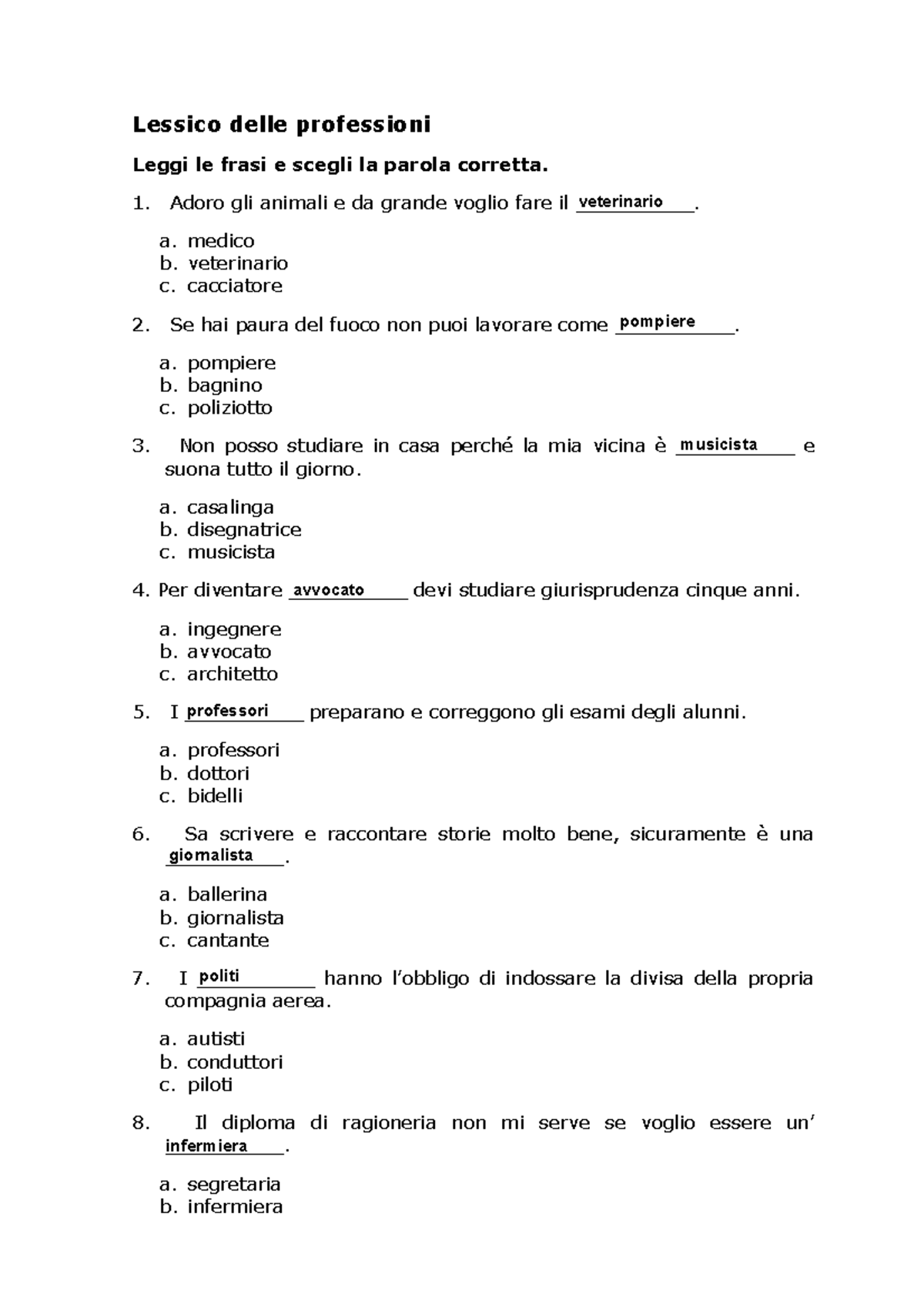 Documento lessico - Información sobre italiano - Lessico delle professioni Leggi le frasi e ...