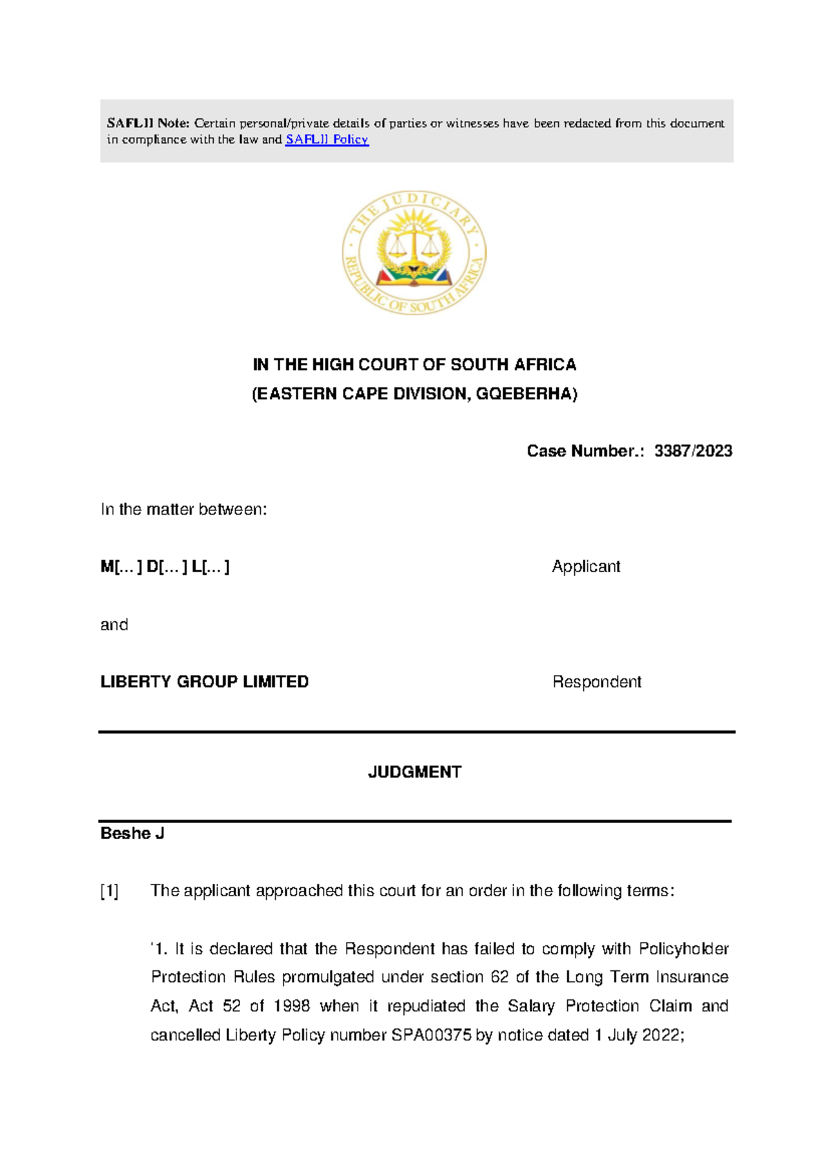 Non disclosure - Case Law - SAFLII Note: Certain personal/private ...