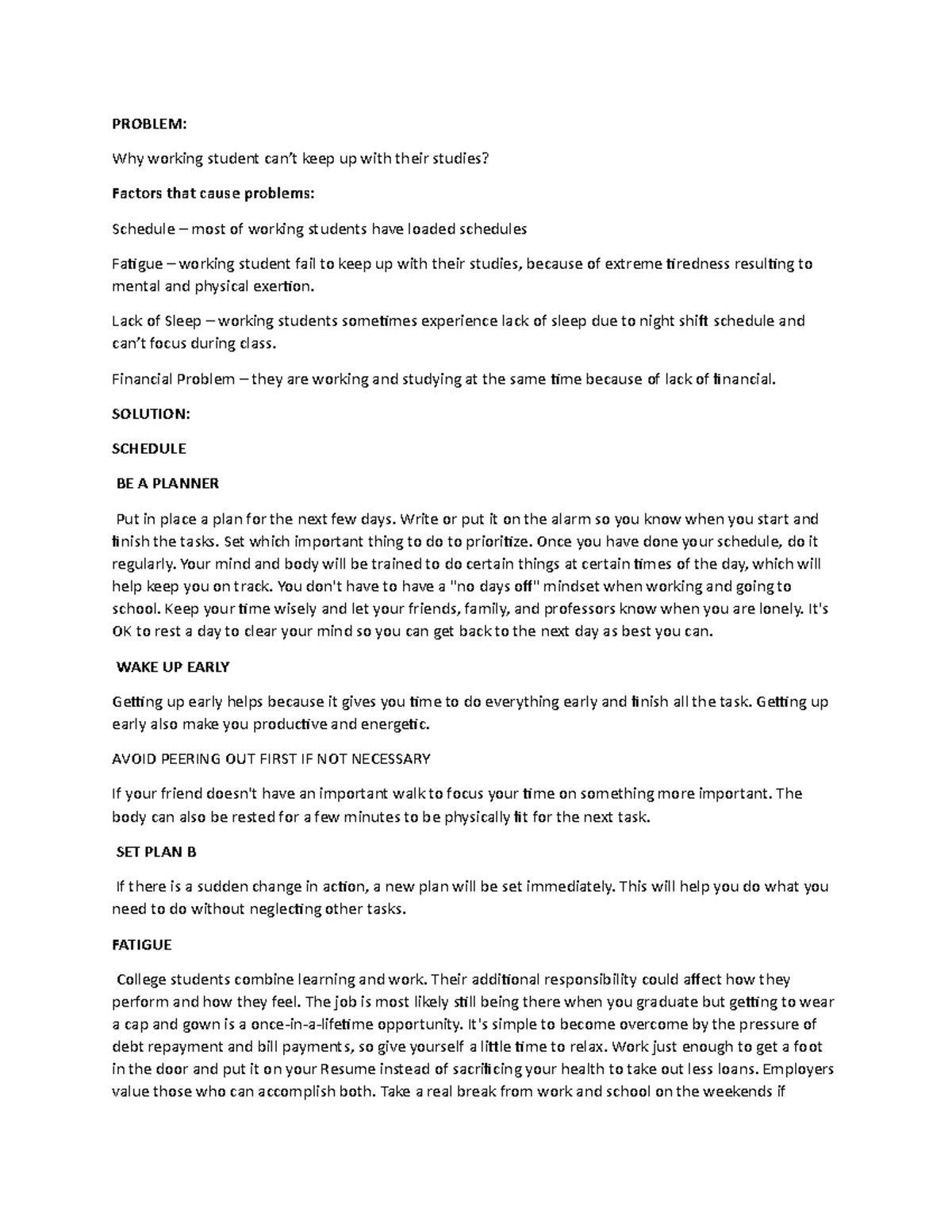 T.P-Math - task performance - PROBLEM: Why working student can’t keep ...