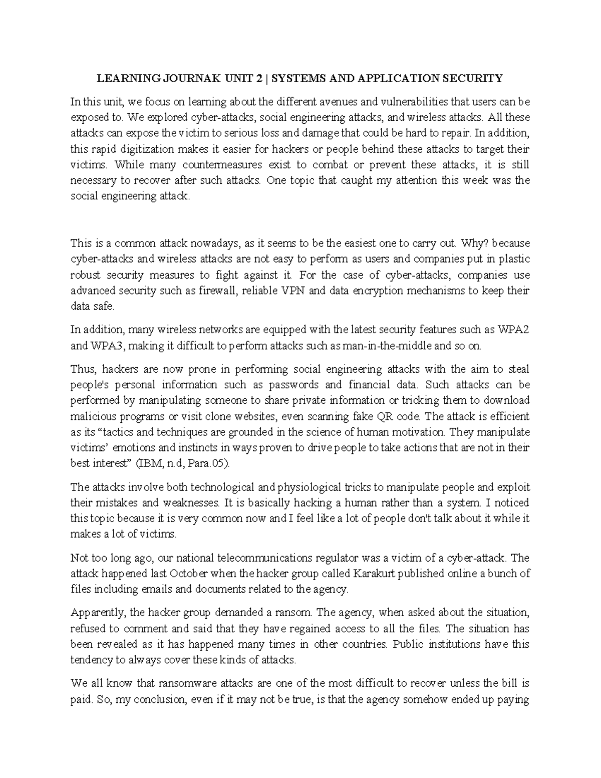 Learning journal unit 2 - LEARNING JOURNAK UNIT 2 | SYSTEMS AND APPLICATION SECURITY In this ...