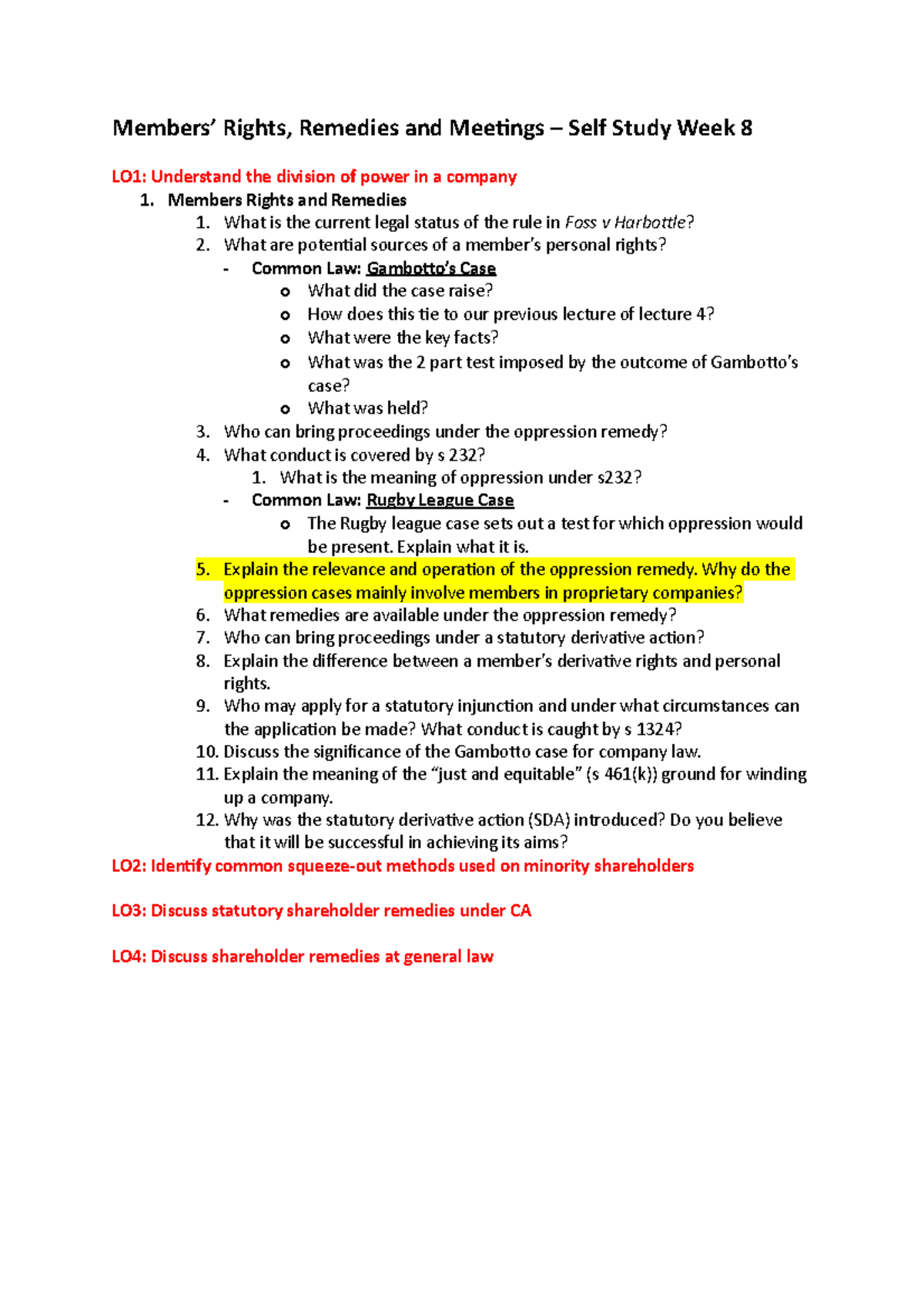 Week 8 - Members Rights, Remedies and Meetings (Topic 6) - Members ...